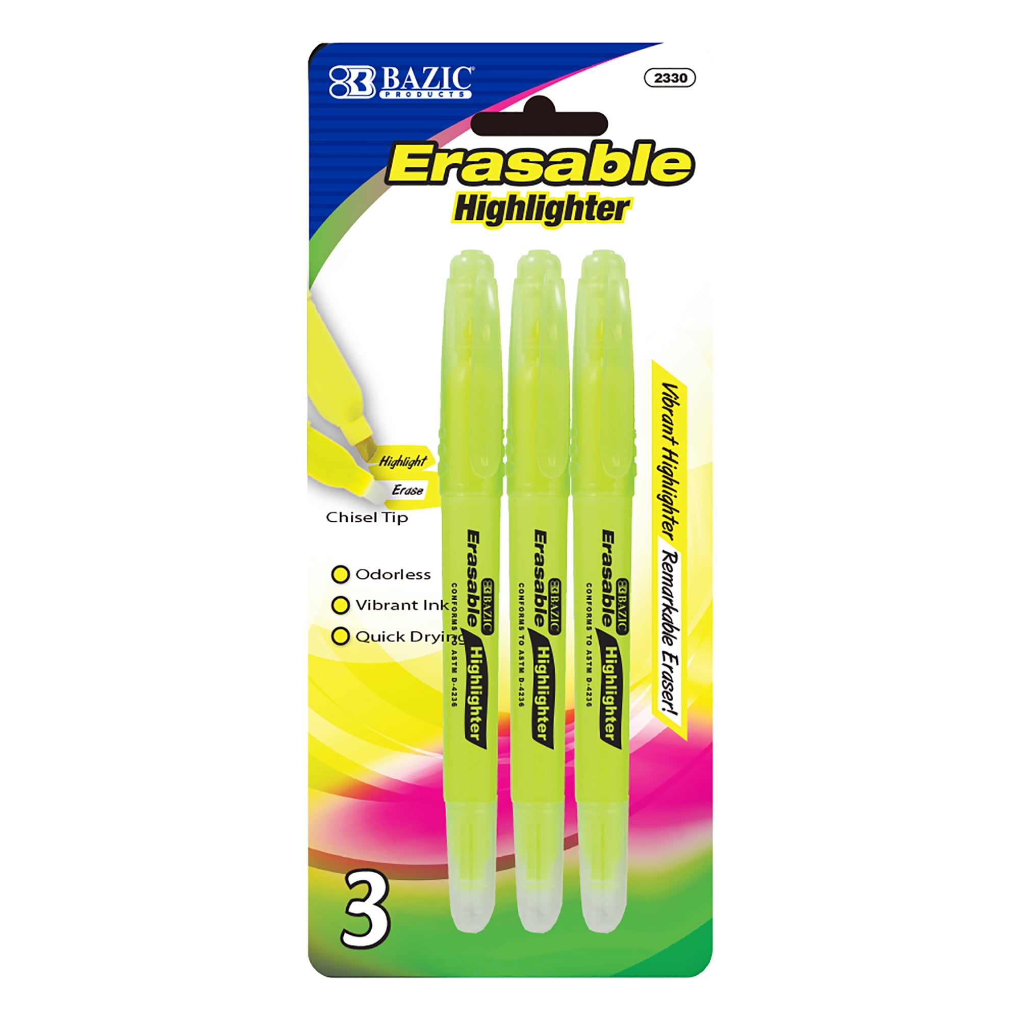 BAZIC Erasable Highlighter Chisel Unscented Erase Marker (3/Pack), 1 ...