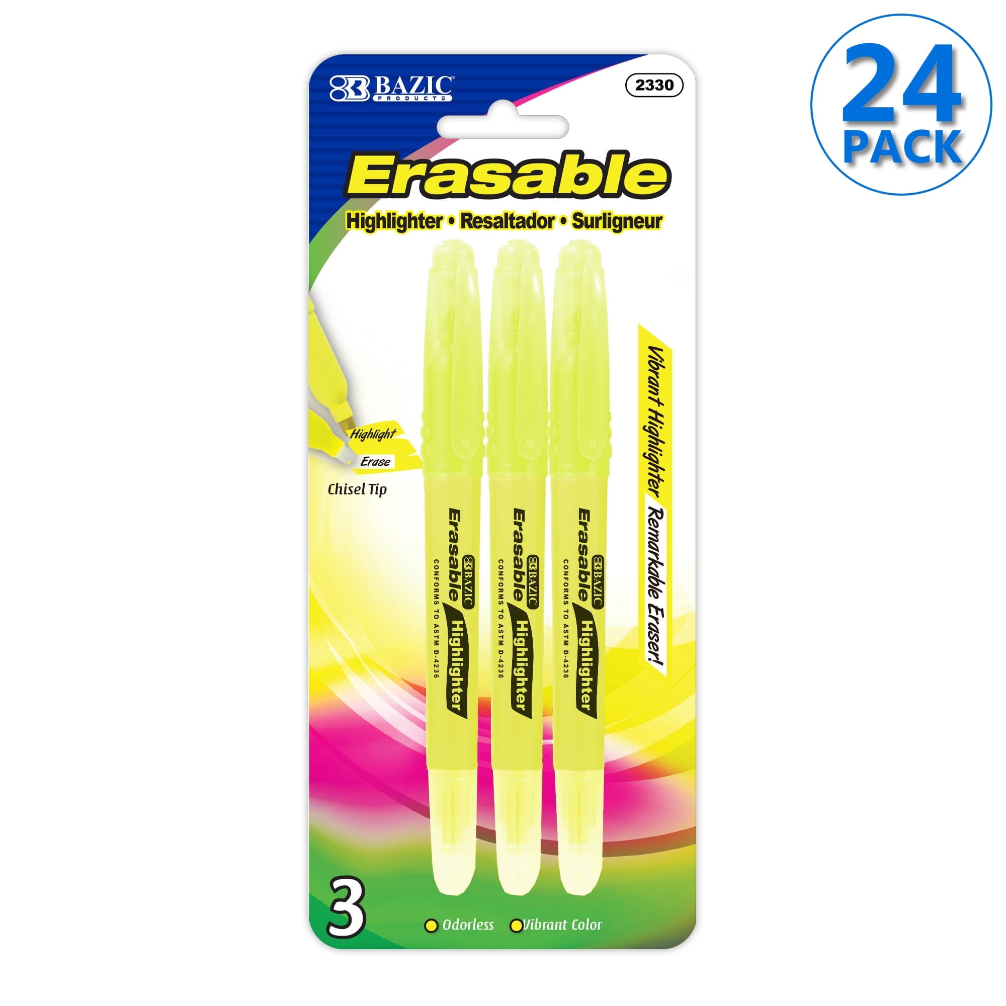 BAZIC Erasable Highlighter Chisel Unscented Erase Marker (3/Pack), 24 ...