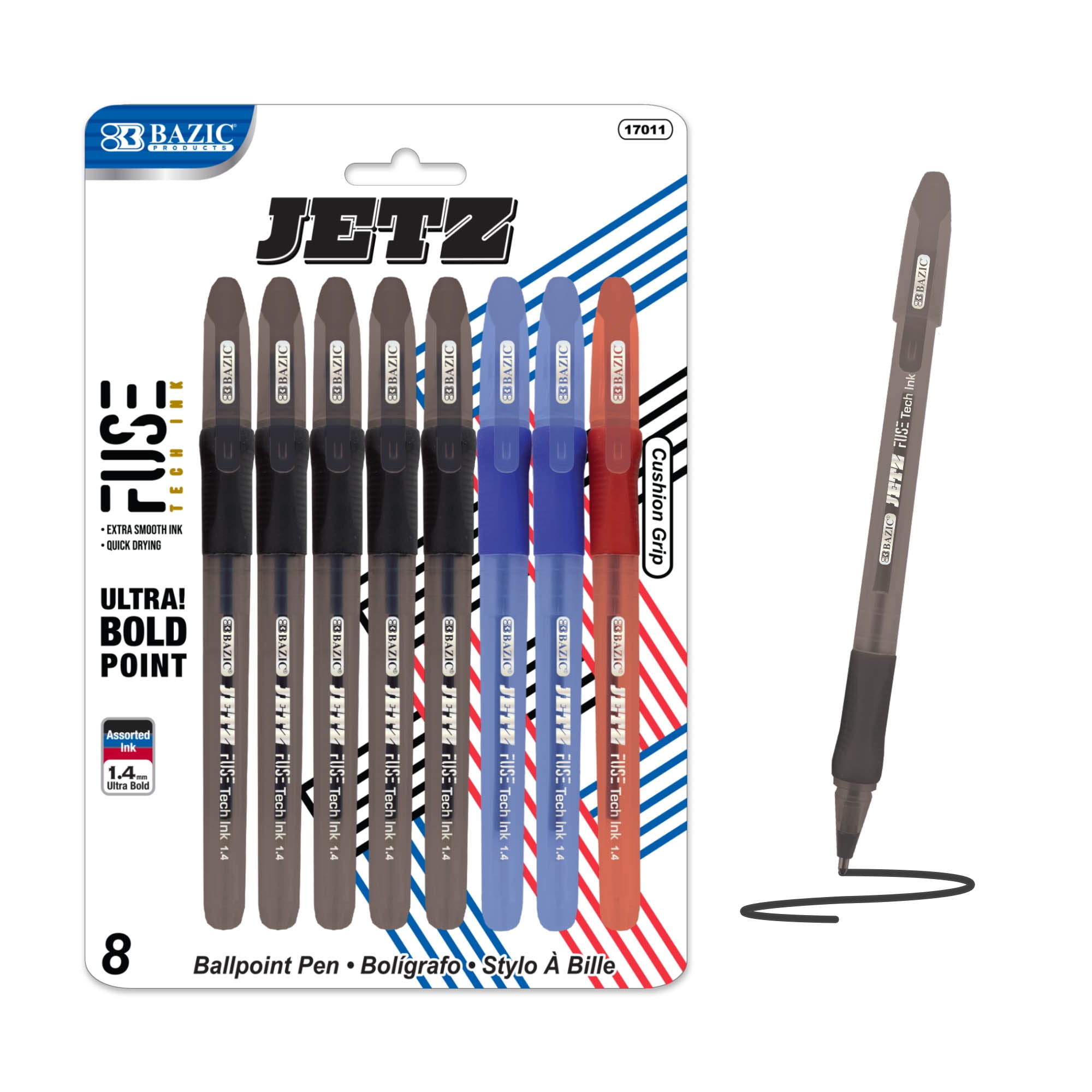 BAZIC Jetz Fuse Tech Gel Ink Pen, Assorted Colors, 1.4 mm Bold Point (8 ...