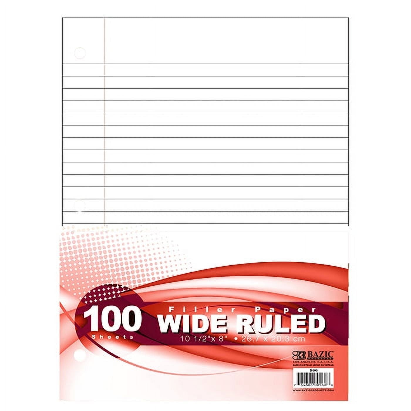 BAZIC Wide Ruled 3-Hole Punched Filler Paper, 125 Loose-Leaf Sheets, 10 ...