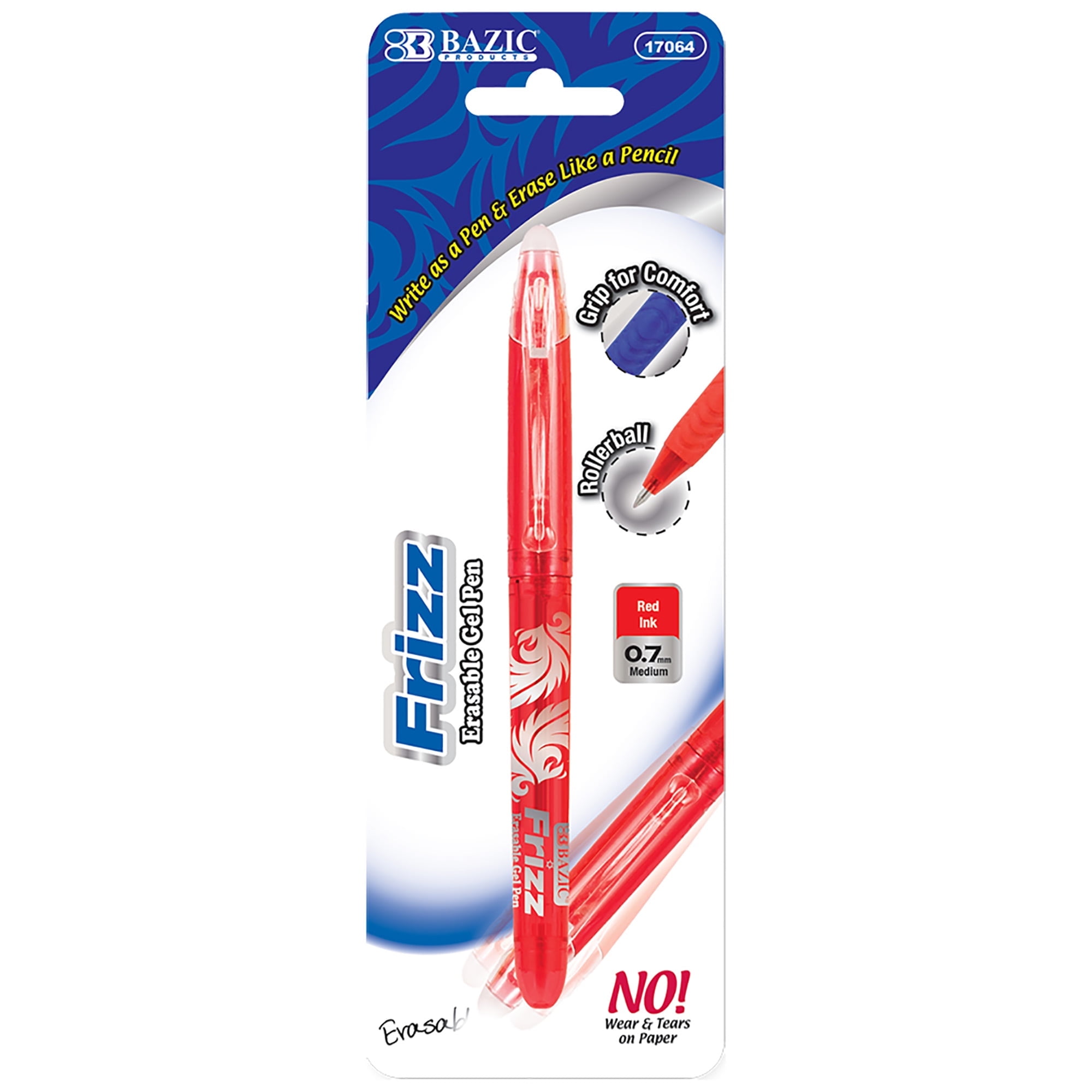 BAZIC Frizz Erasable Gel Pen 0.7mm Red Color, Pen Mistake Eraser, 1 ...