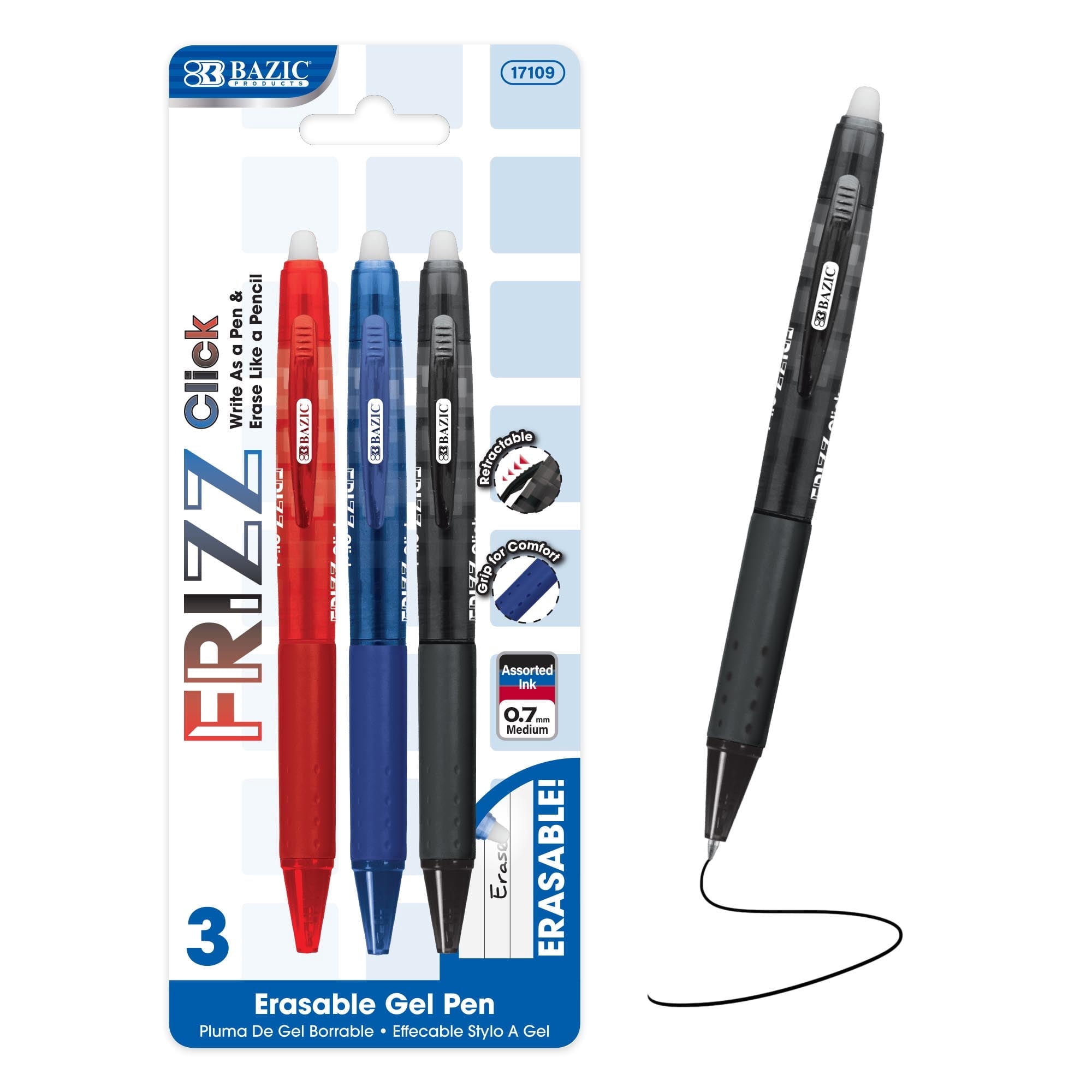 BAZIC Frizz Retractable Erasable Gel Pens, 0.7mm Medium Point, Assorted ...