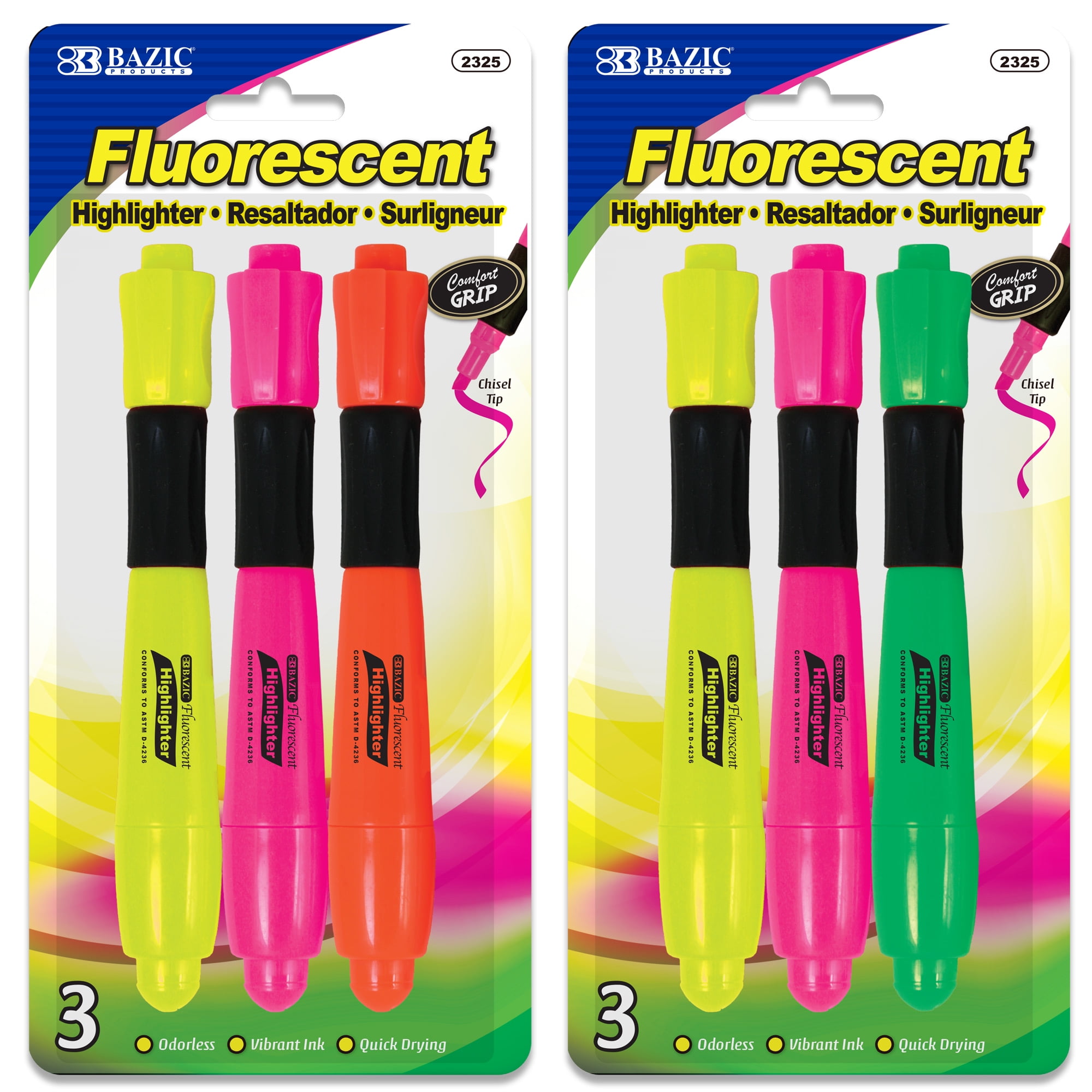 BAZIC Highlighter Assorted Color Desk Style Chisel Tip Marker (3/Pack ...