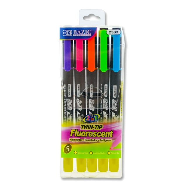 BAZIC Highlighter Double Tip Chisel Tip Unscented Marker (5/Pack), 1 ...