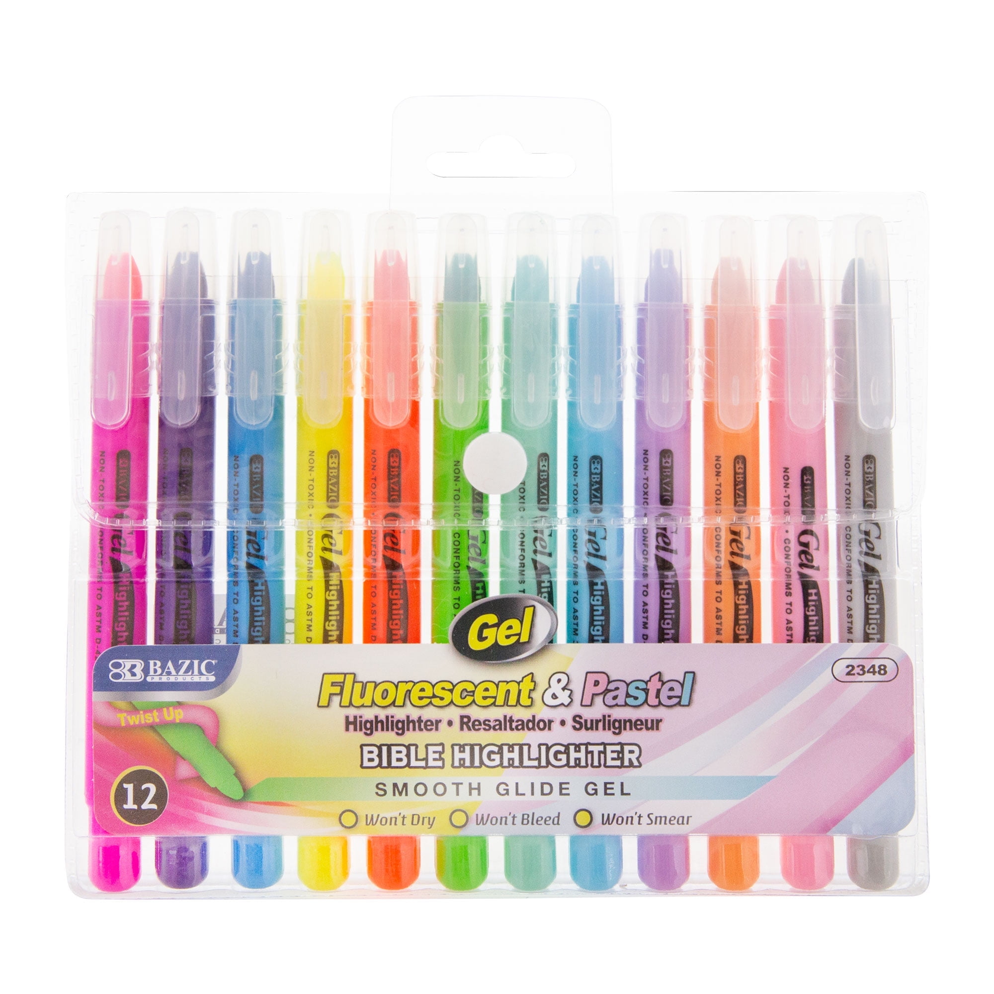 BAZIC No-Bleed Gel Highlighter Pens (12/Pack), Non-Smear, Safe for Thin ...