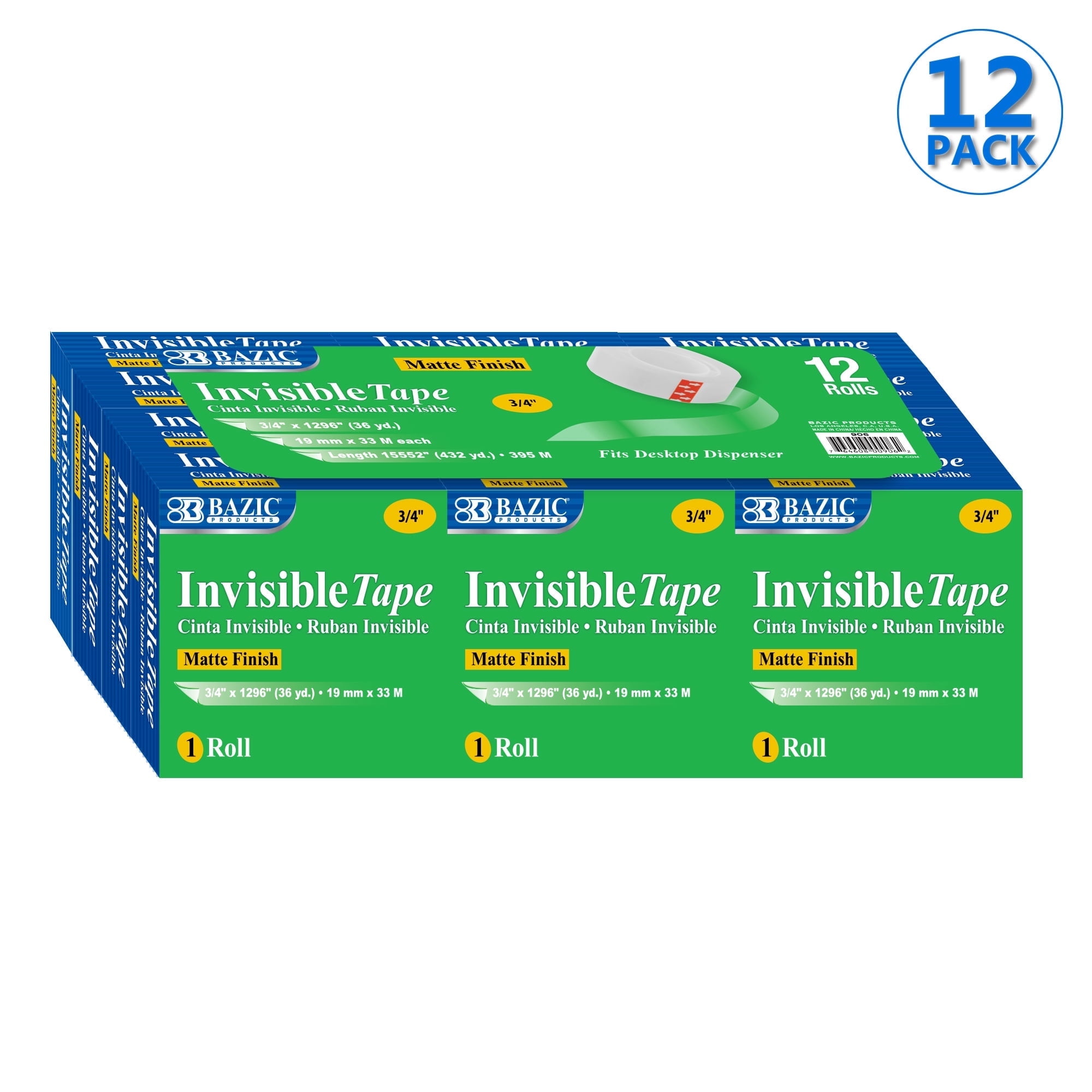 BAZIC Invisible Matte Tape 3/4"x1296", Office Stationery Tape Gift Wrap ...