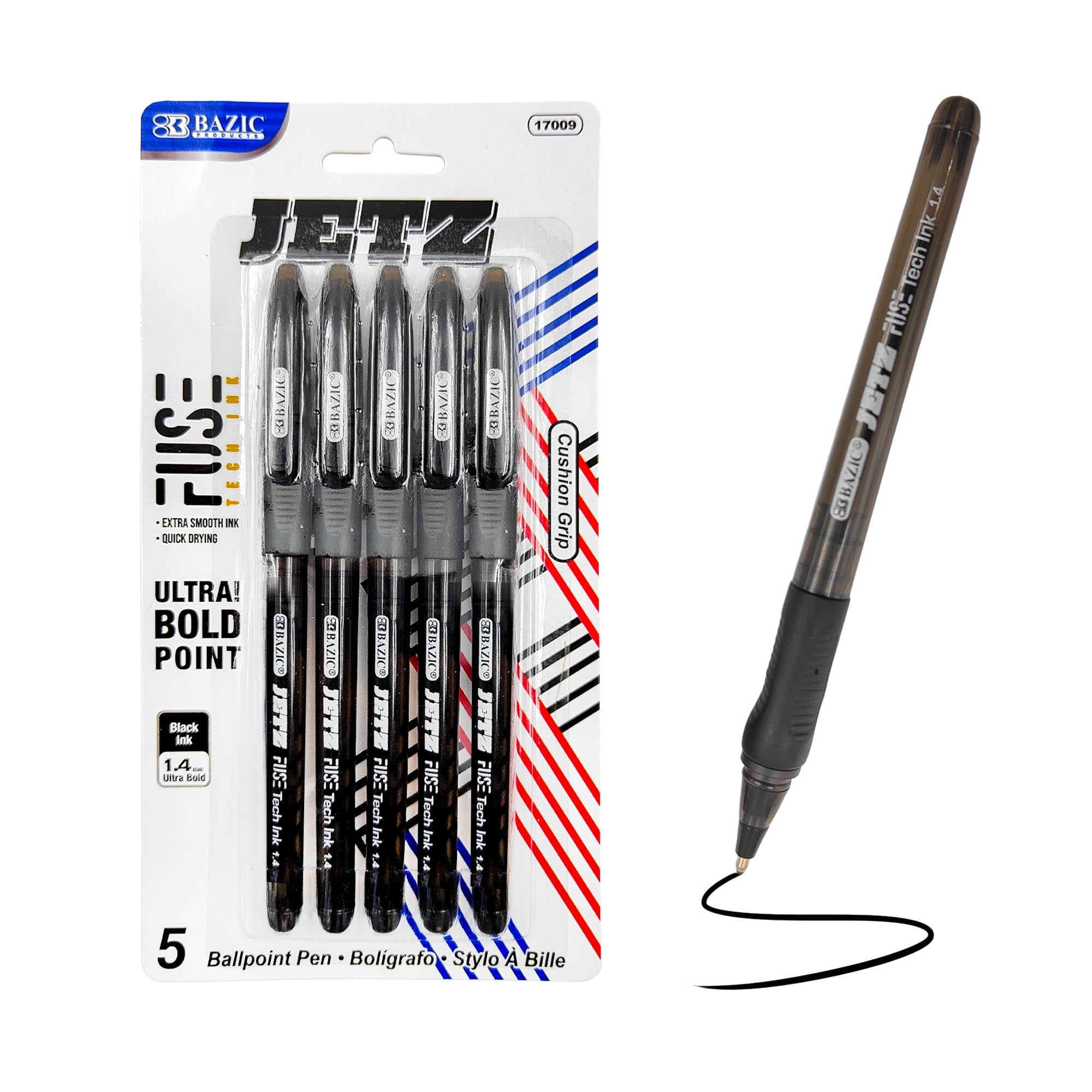 BAZIC Jetz Fuse Tech Gel Ink Pen, Black Color, 1.4 mm Bold Point (5/Pack), 24-Pack - Walmart.com