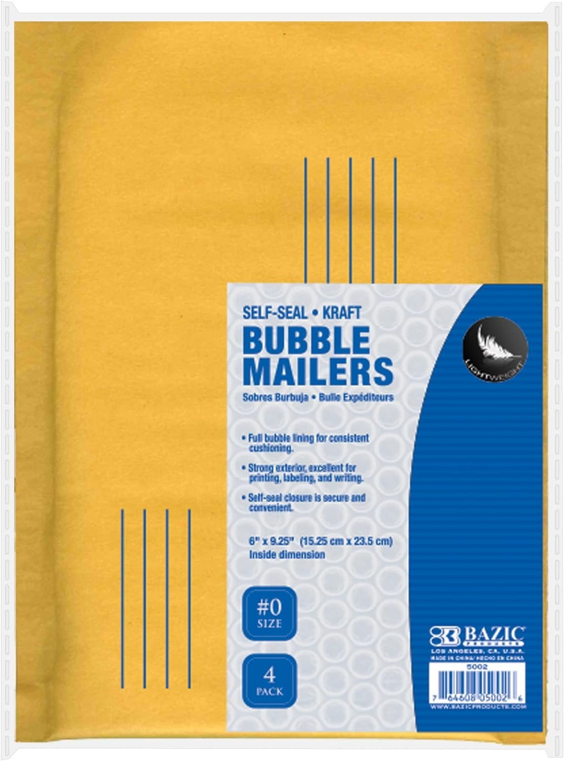 BAZIC Kraft Bubble Mailers #0 6"x9.25" Self Seal Closure, Padded ...