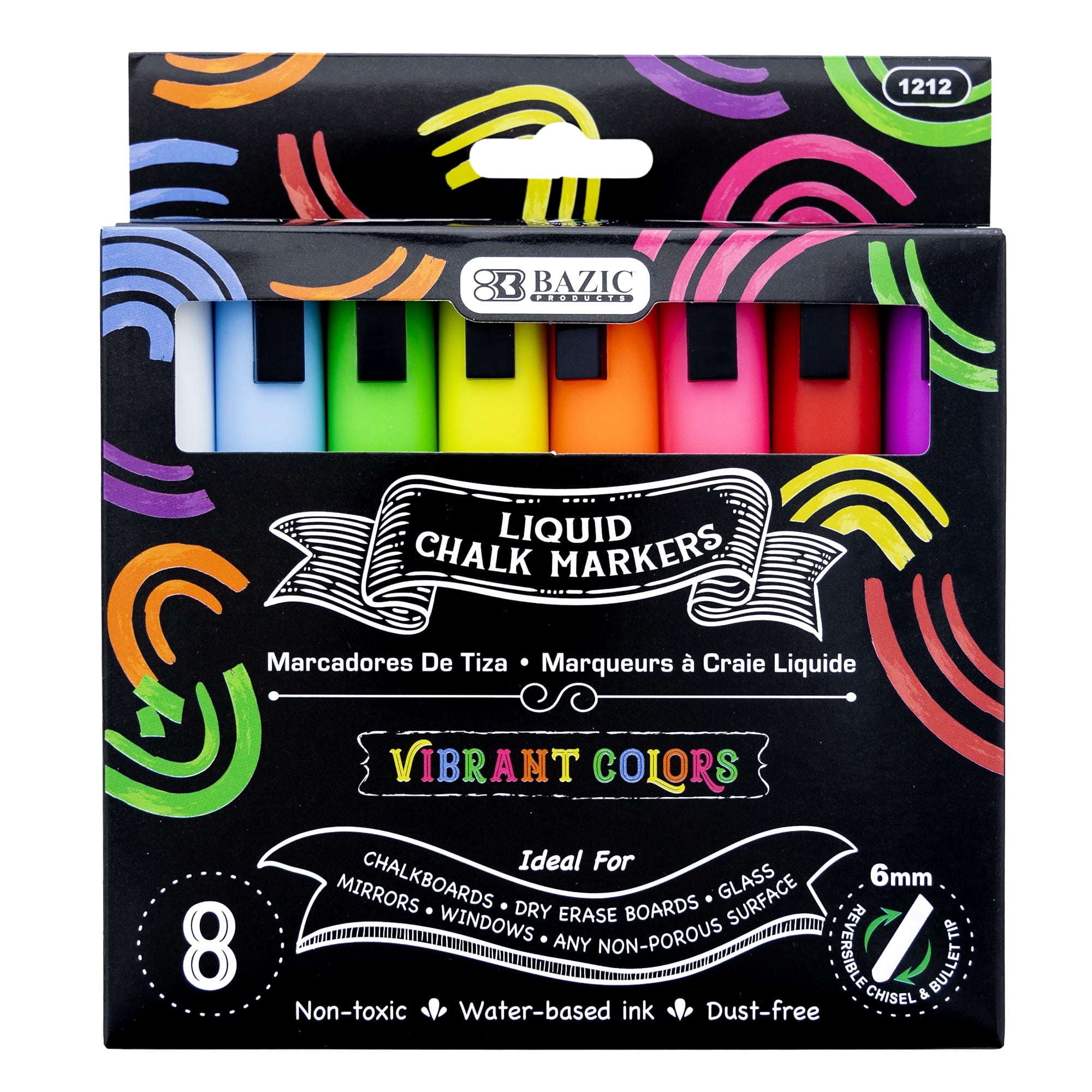 BAZIC Liquid Chalk Markers, 8 Colors, Erasable Chalkboard Markers ...