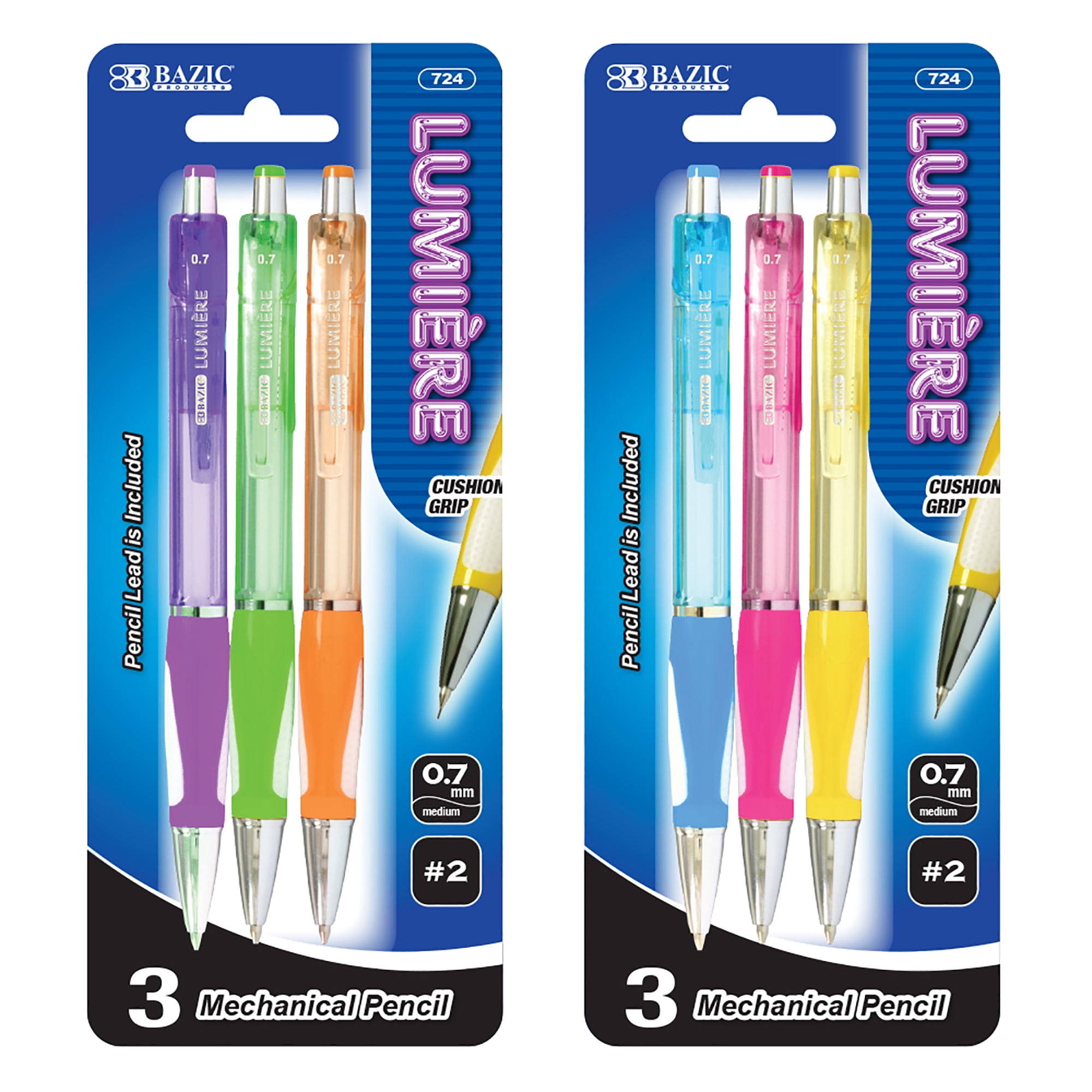 BAZIC Lumiere Mechanical Pencil 0.7mm Soft Grip, (3/Pack), 2-Pack ...