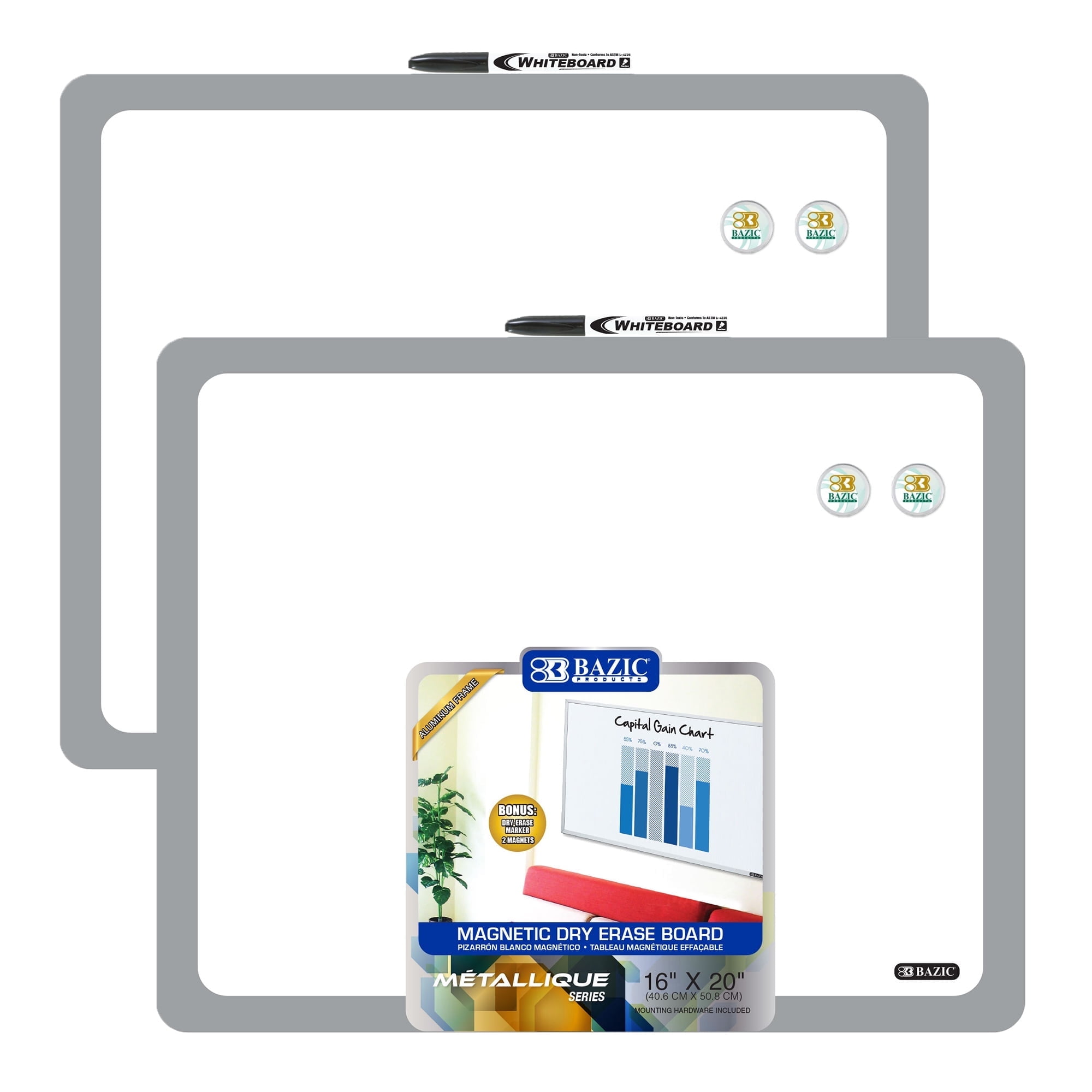 BAZIC Magnetic Dry Erase Board Aluminium Frame 16"x20", Whiteboard, 2 ...