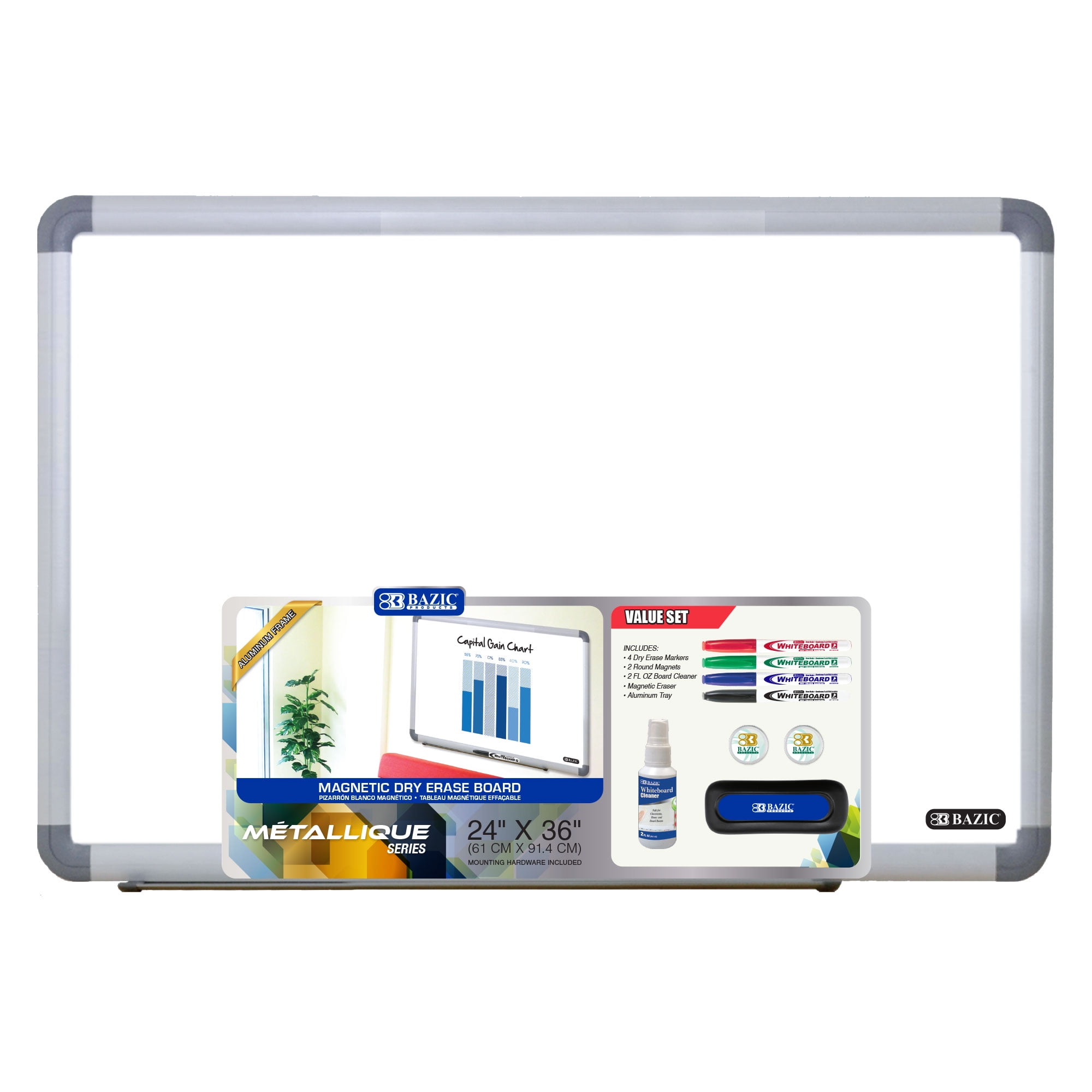 BAZIC Magnetic Dry Erase Board Aluminium Frame 24"x36", Whiteboard, 12 ...