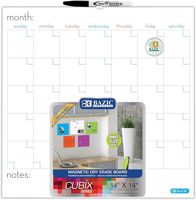 BAZIC Magnetic Dry Erase Calendar Board Tile + Markers & Magnets, 14" X ...