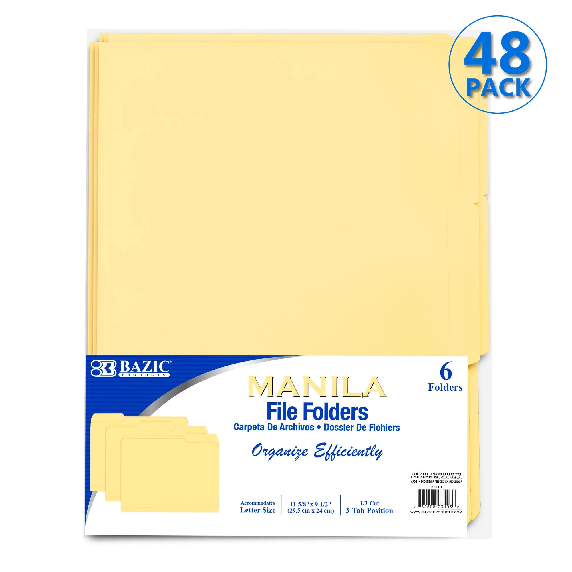 BAZIC Manila File Folder 1/3 Cut Letter Size, Left Right Center Tabs ...