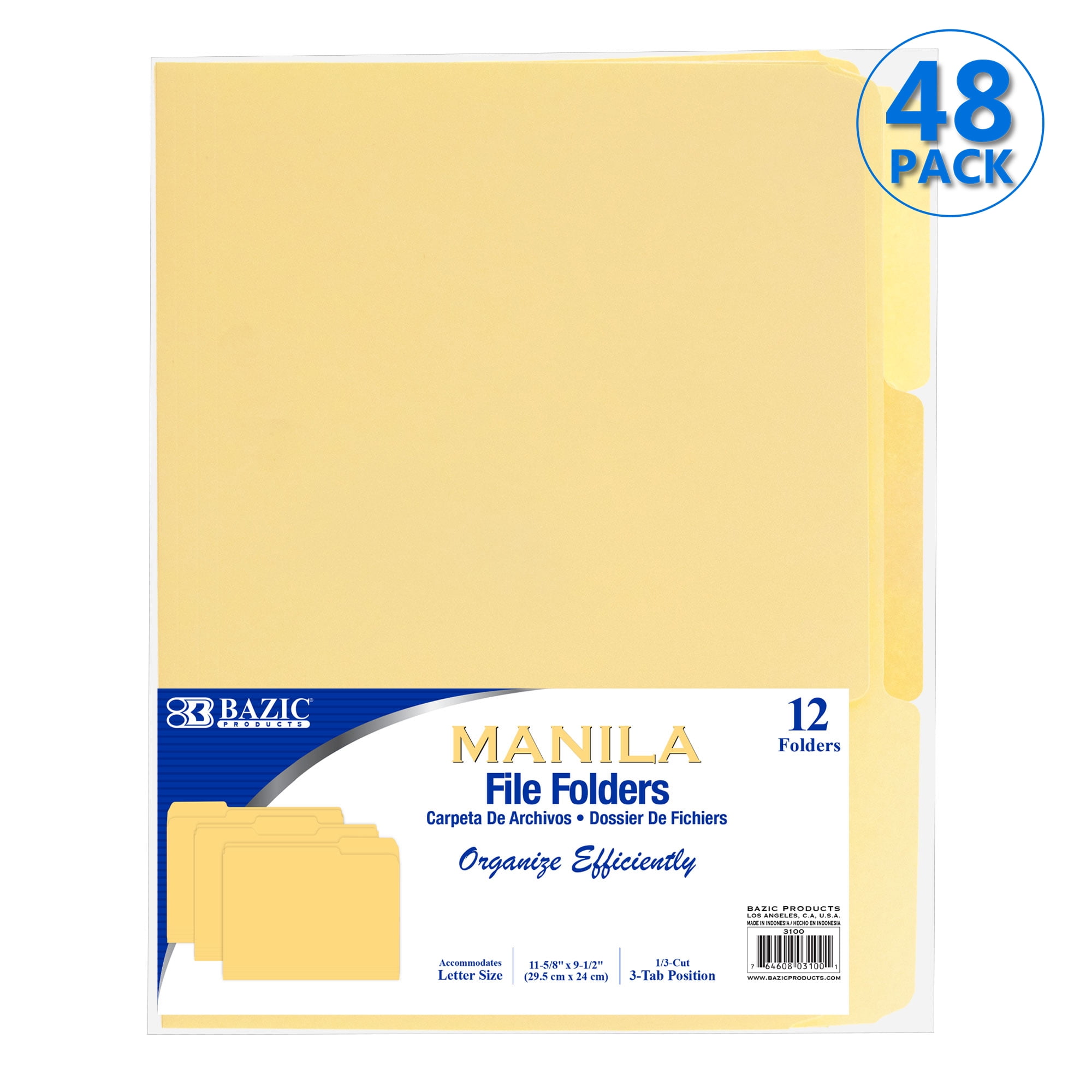 BAZIC Manila File Folder 1/3 Cut Letter Size, Left Right Center Tabs ...
