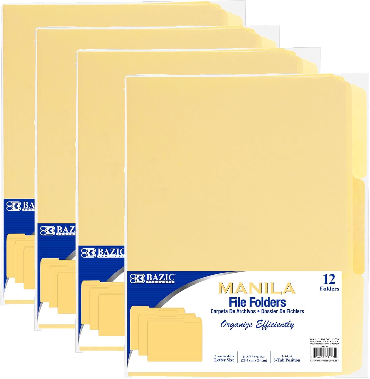 BAZIC Manila File Folder 1/3 Cut Letter Size, Left Right Center Tabs ...