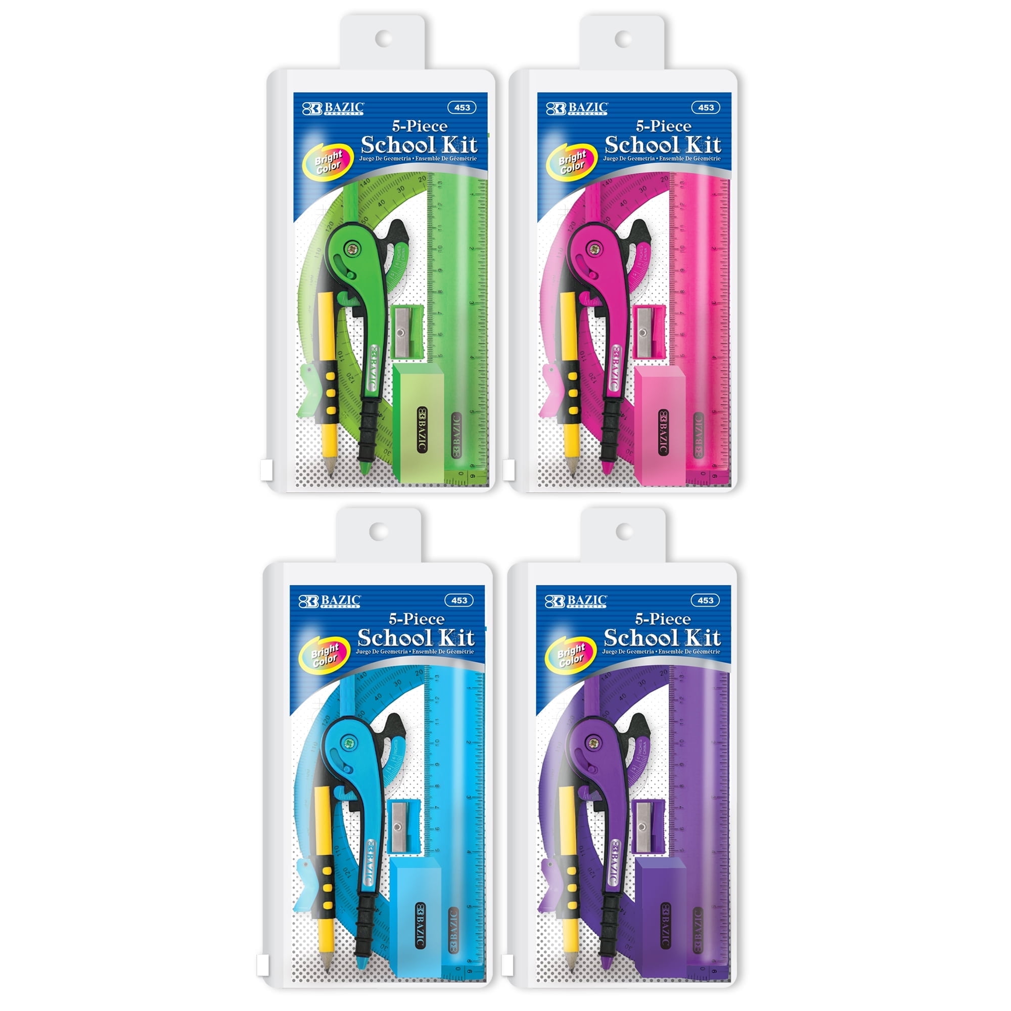 BAZIC Math Geometry Set 5 Pieces for Students, Storage Zipper Pouch, 24 ...