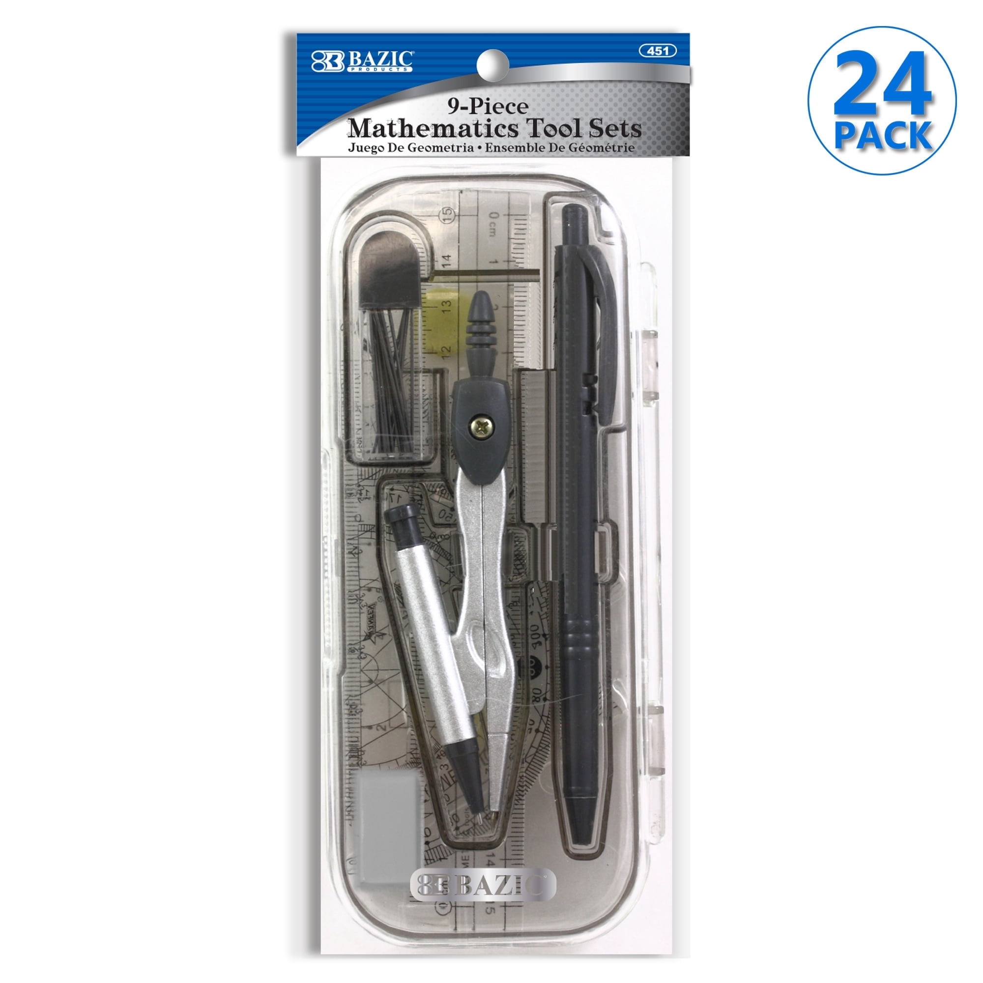 BAZIC Math Geometry Set 9 Pieces for Students, Storage Box, 24-Pack ...