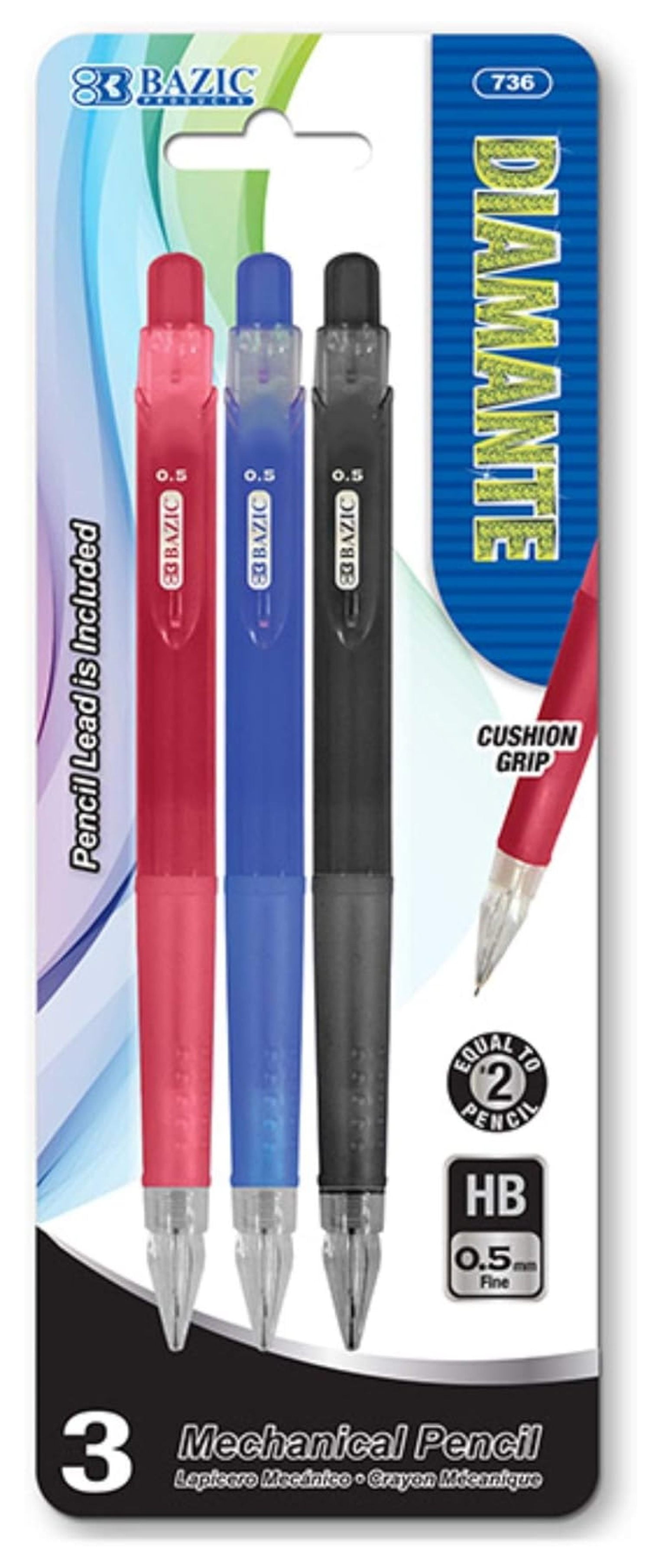 BAZIC Mechanical Pencil 0.5mm Diamante, Soft Grip Latex Free Eraser ...