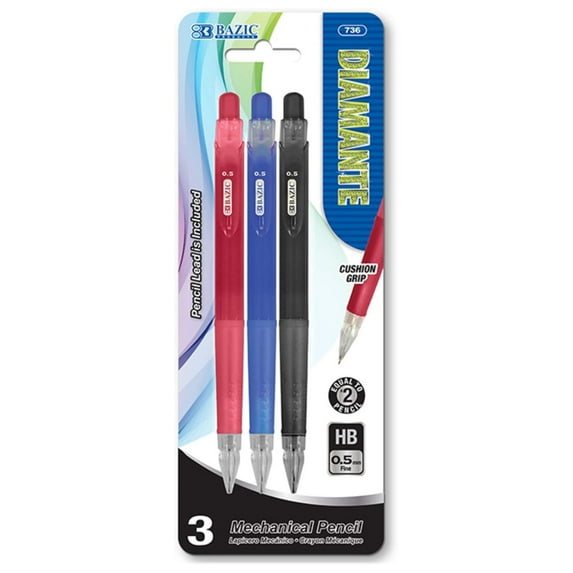 BAZIC Mechanical Pencil 0.5mm Diamante, Soft Grip Latex Free Eraser ...