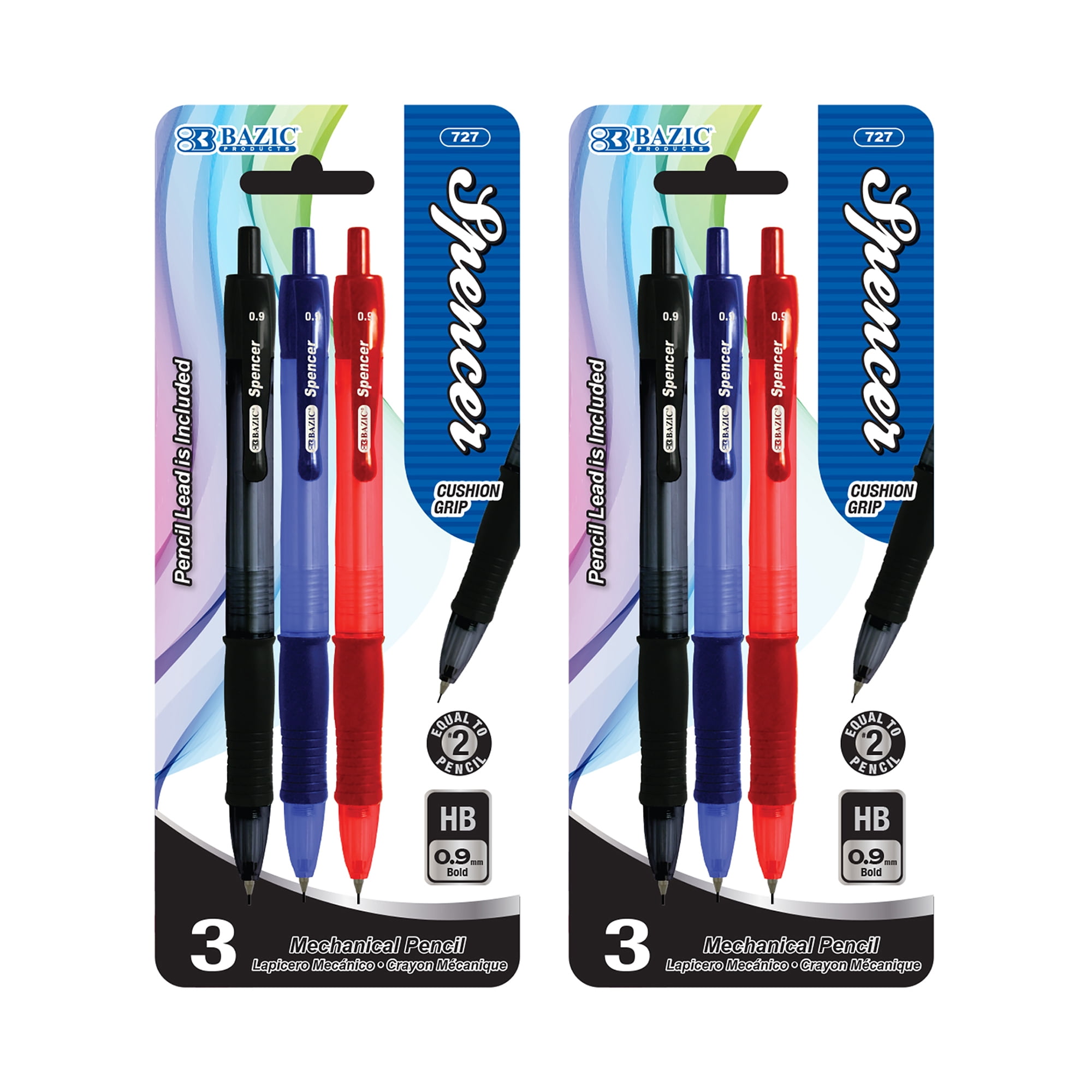 BAZIC Mechanical Pencil 0.9mm HB Spencer Soft Grip (3/Pack), 2-Packs ...