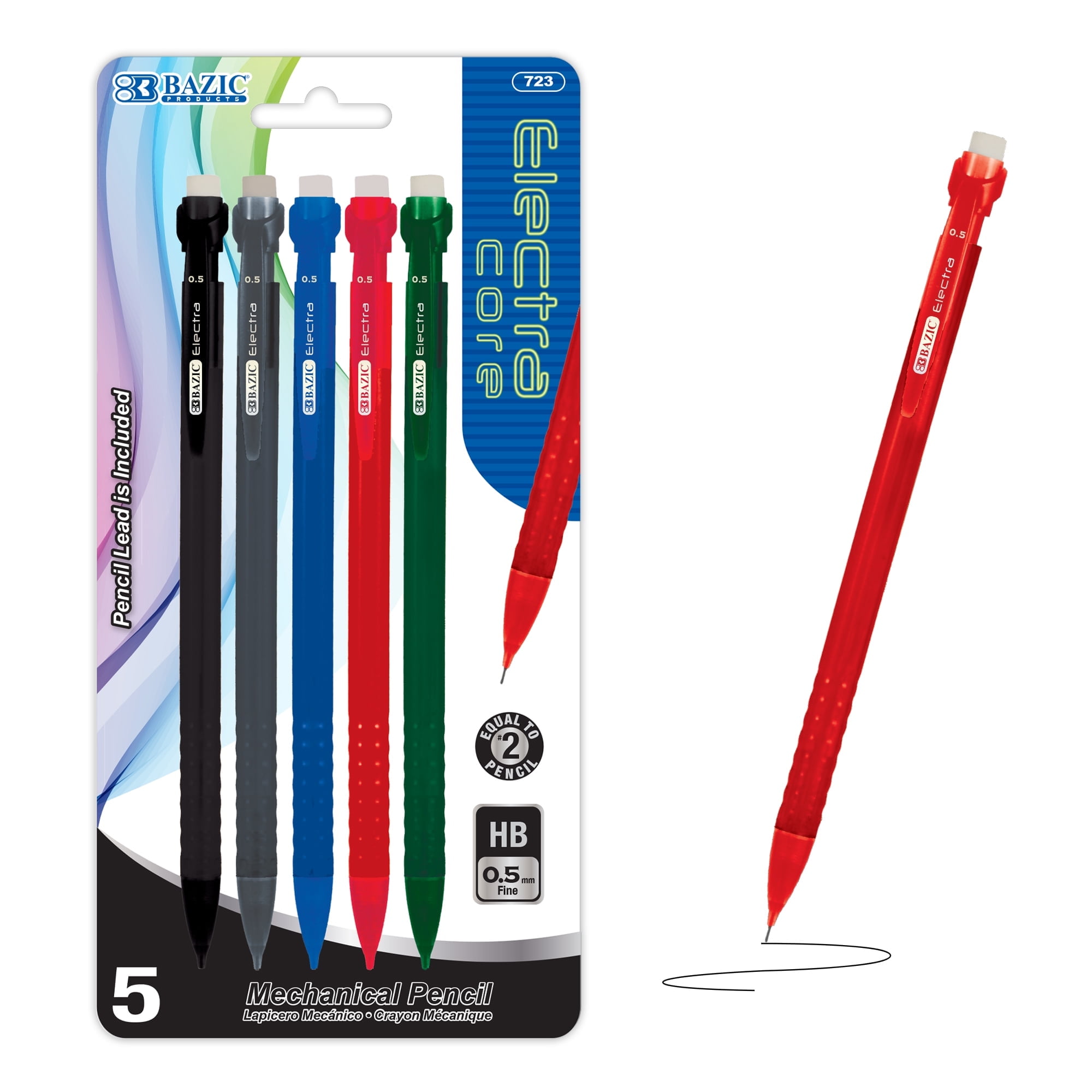 BAZIC Mechanical Pencil Electra Core 0.5mm, Latex Free Eraser (5/Pack ...
