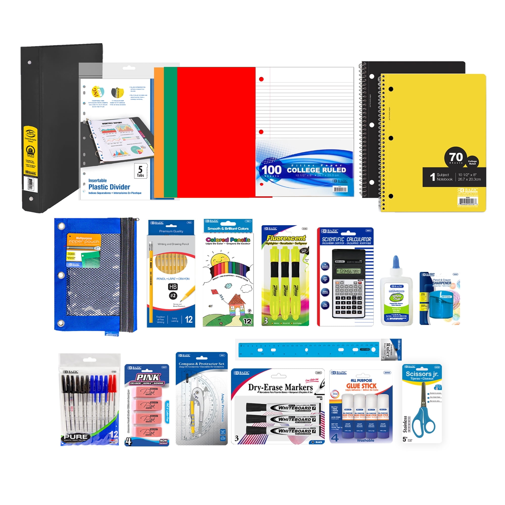 Free Shipping! BAZIC Middle High School Kit Bundle Supplies Box 65 ...