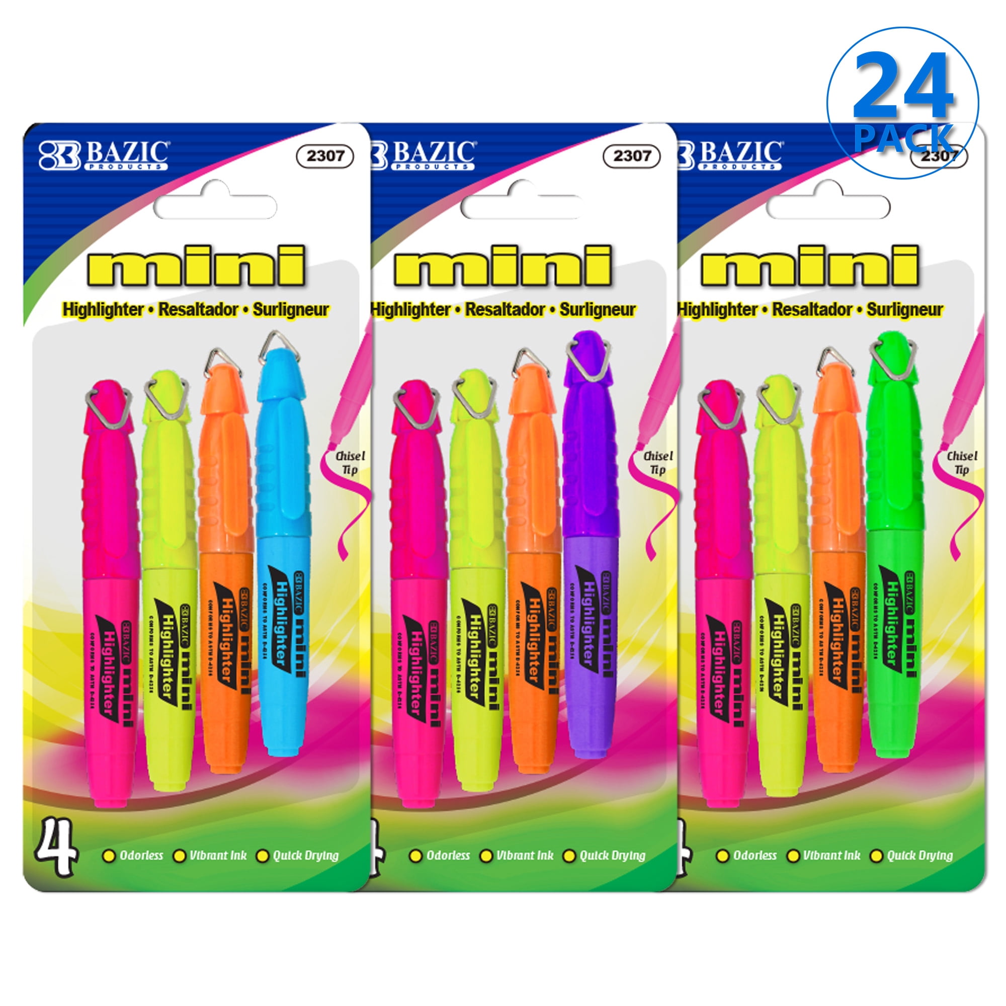 BAZIC Mini Highlighter Assorted Color Chisel Tip Marker (3/Pack), 24 ...