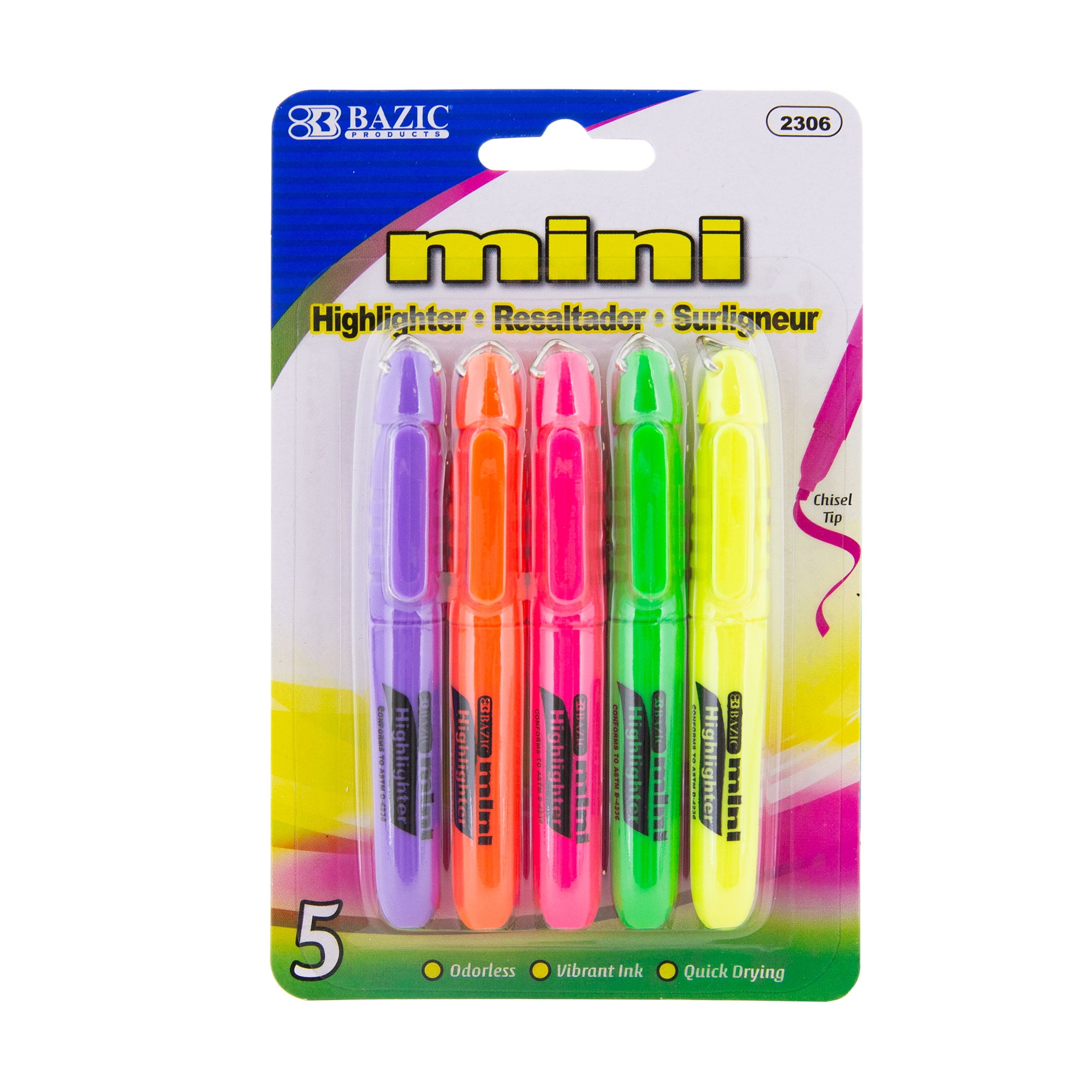 BAZIC Mini Highlighter Assorted Color Chisel Tip Marker (5/Pack), 1 ...