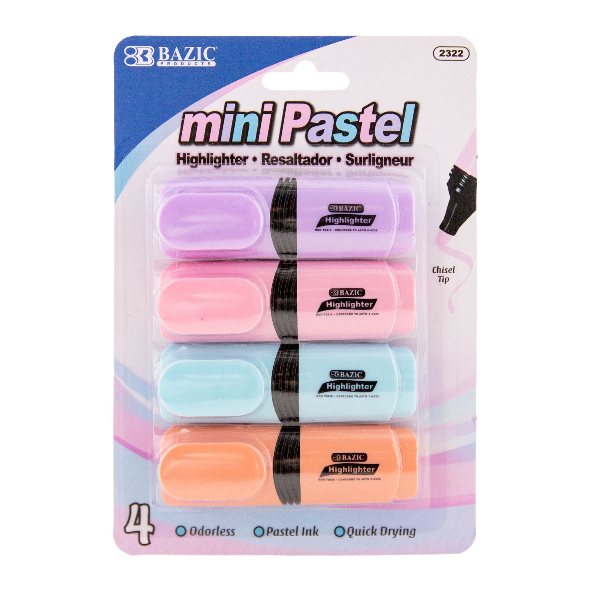 BAZIC Mini Pastel Highlighters w/ Pocket Clip, Chisel Tip, 4 Count ...
