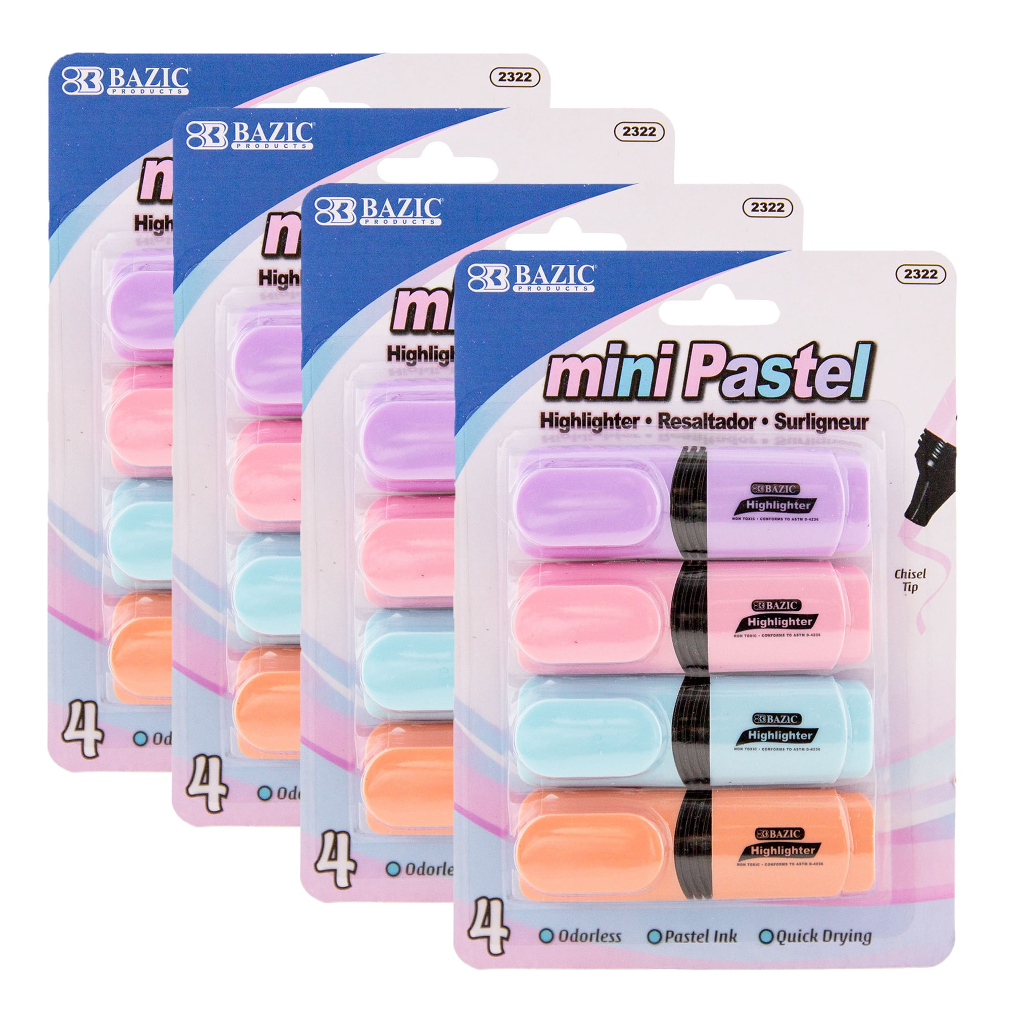 BAZIC Mini Pastel Highlighters w/ Pocket Clip, Chisel Tip, 4 Count ...