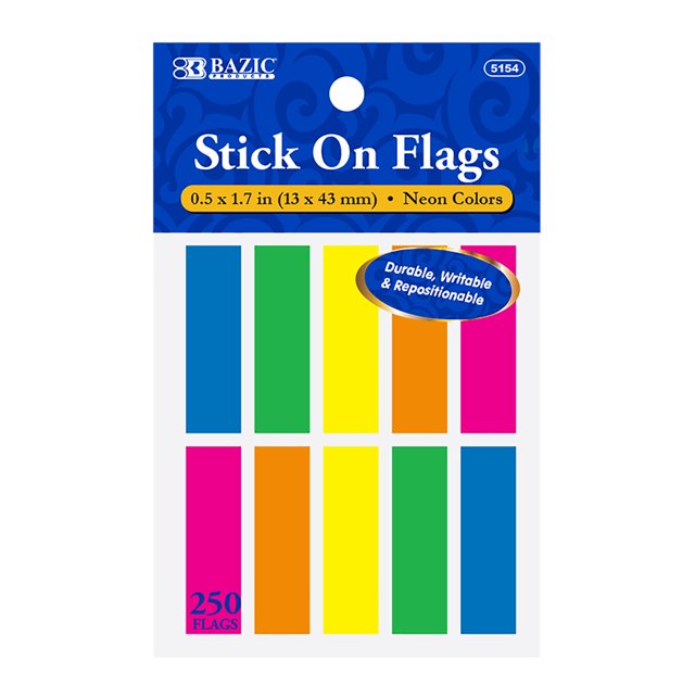 BAZIC Neon Page Markers 0.5x1.7 Neon Index Tabs, (250 Flags/Pack), 1 ...