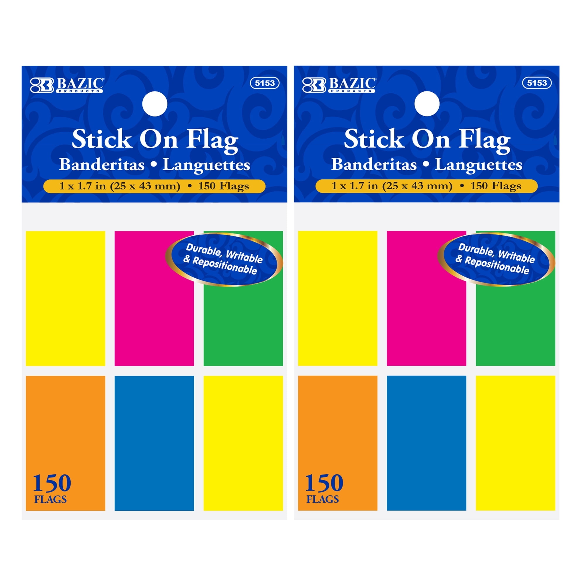 BAZIC Neon Page Markers 1x1.7 Neon Colored PET Index Tabs (150 Flags ...