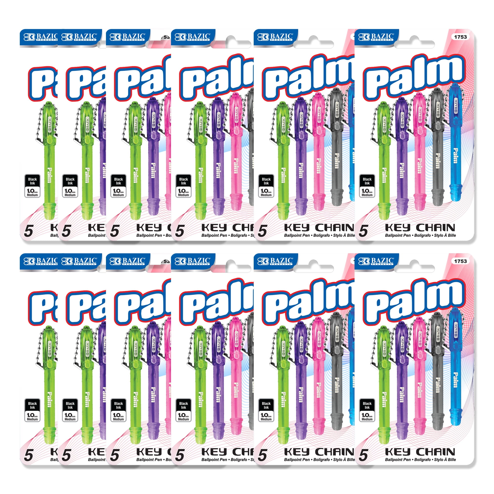 BAZIC Palm Mini Ballpoint Pen w/Key Ring, Black Ink 1.0mm (5/Pack), 2 ...