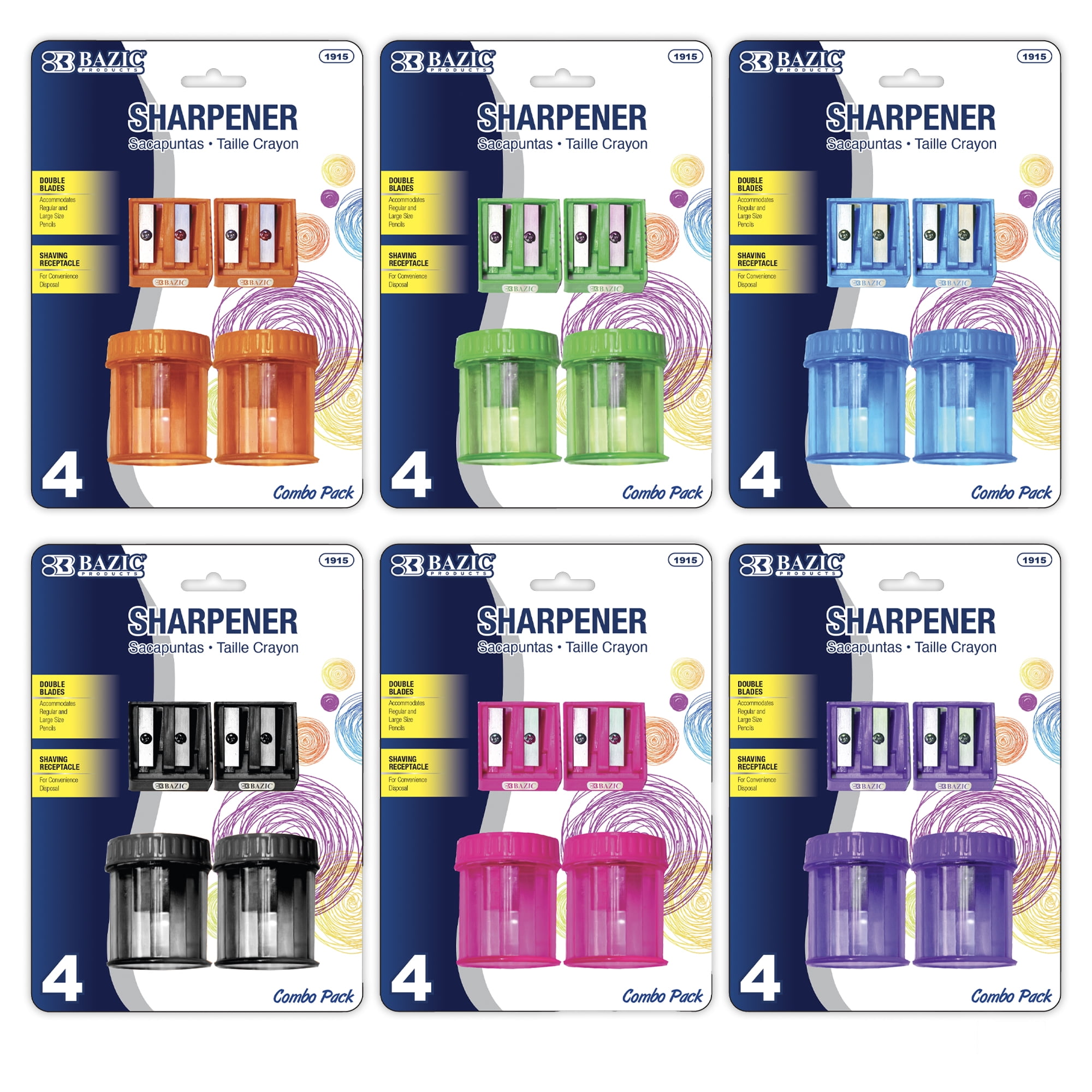 BAZIC Pencil Sharpener 2 Dual Blades + 2 Round Receptacle, (4-Pack), 6 ...