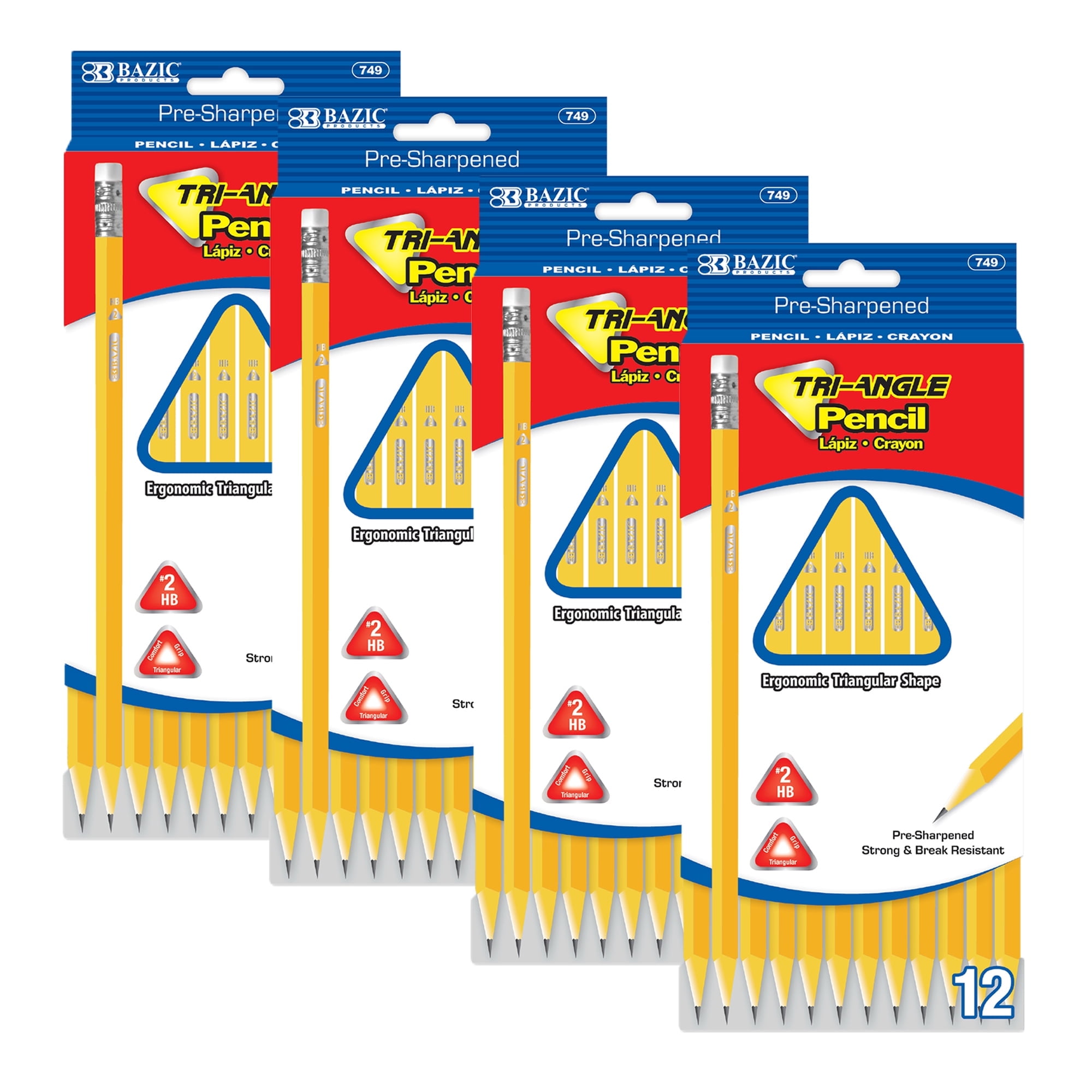 BAZIC Pencil Wood Pre-Sharpened #2 HB Triangle Pencils, Latex Free Eraser (12/Pack), 4-Packs ...