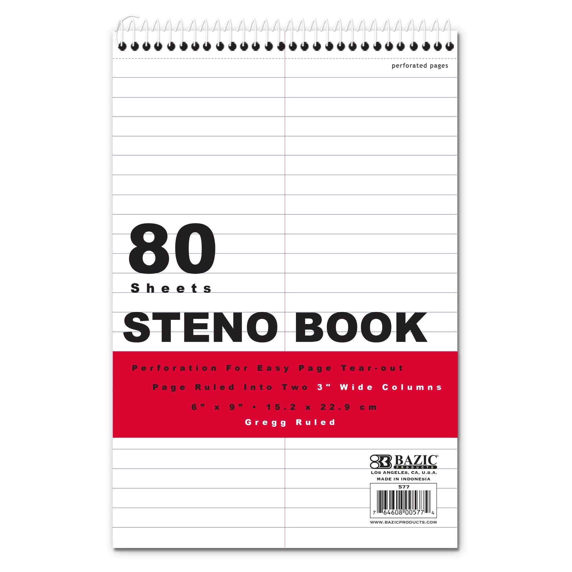 BAZIC Perforated Writing Pad, 80 Sheets 6"x9" White Gregg Ruled Steno ...
