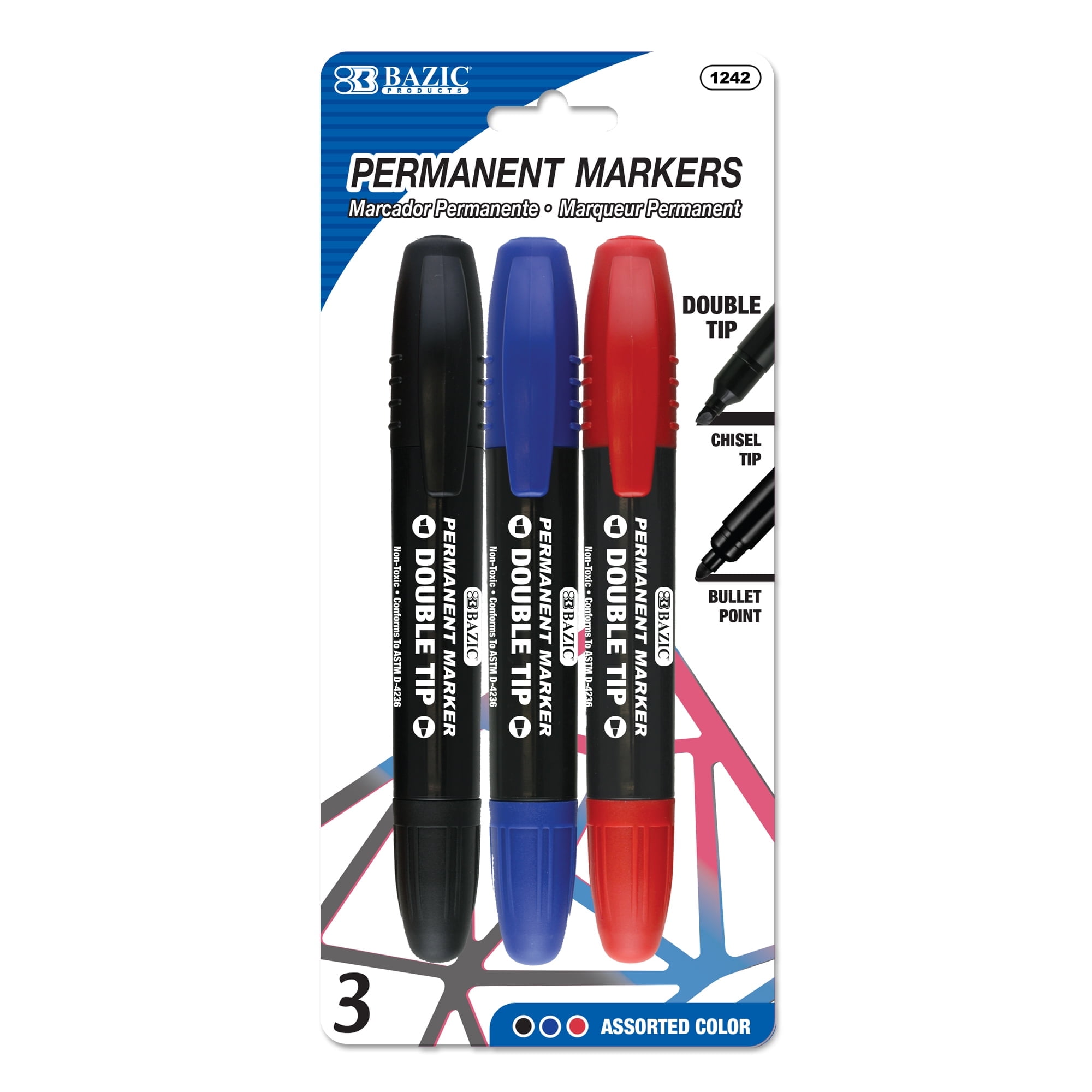 BAZIC Permanent Marker Chisel Tip, Assorted Color Markers (3/Pack), 1 ...