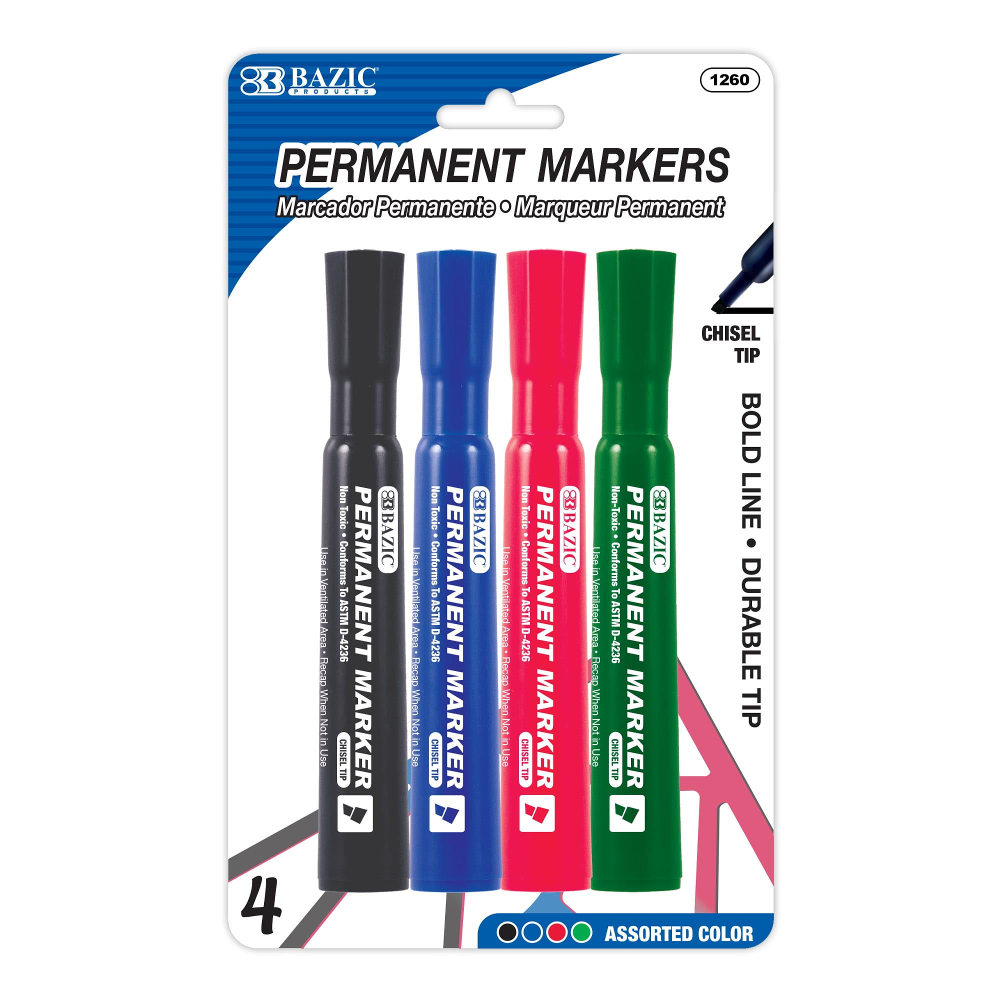BAZIC Permanent Marker Chisel Tip, Assorted Color Markers (4/Pack), 144 ...