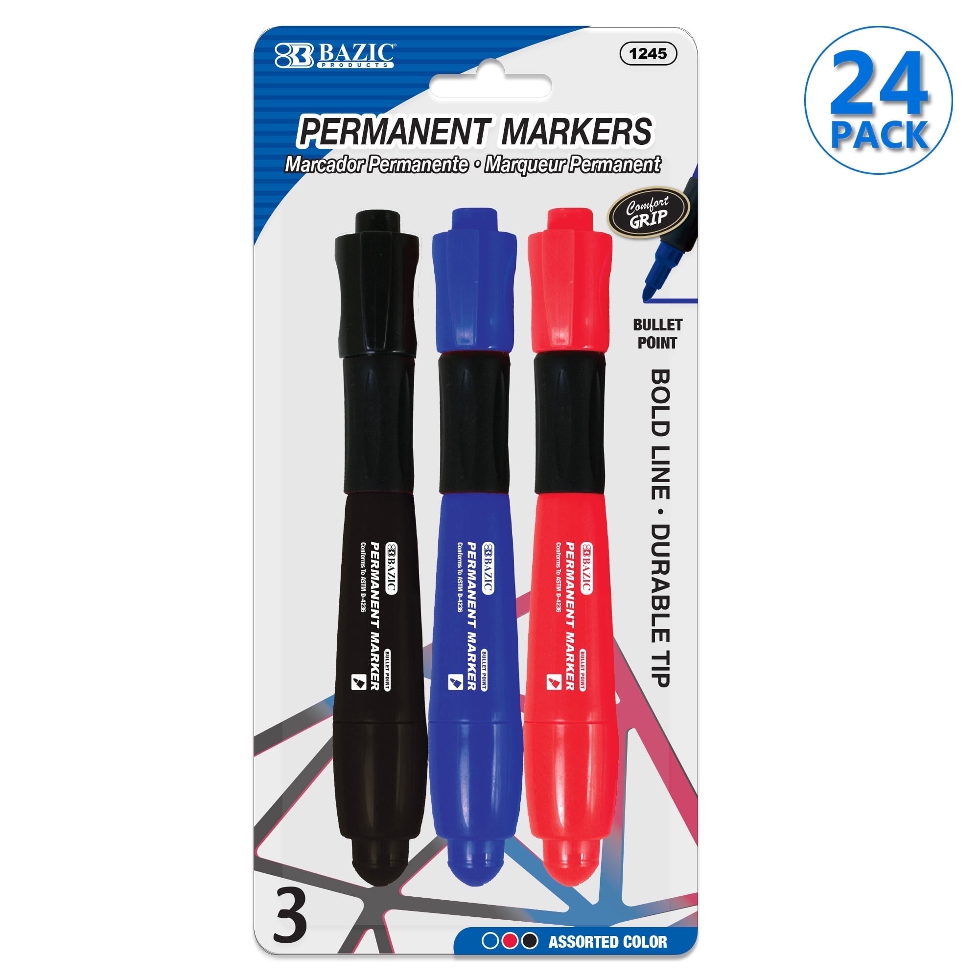 BAZIC Permanent Marker Chisel Tip, Jumbo Assorted Color Markers (3/Pack ...