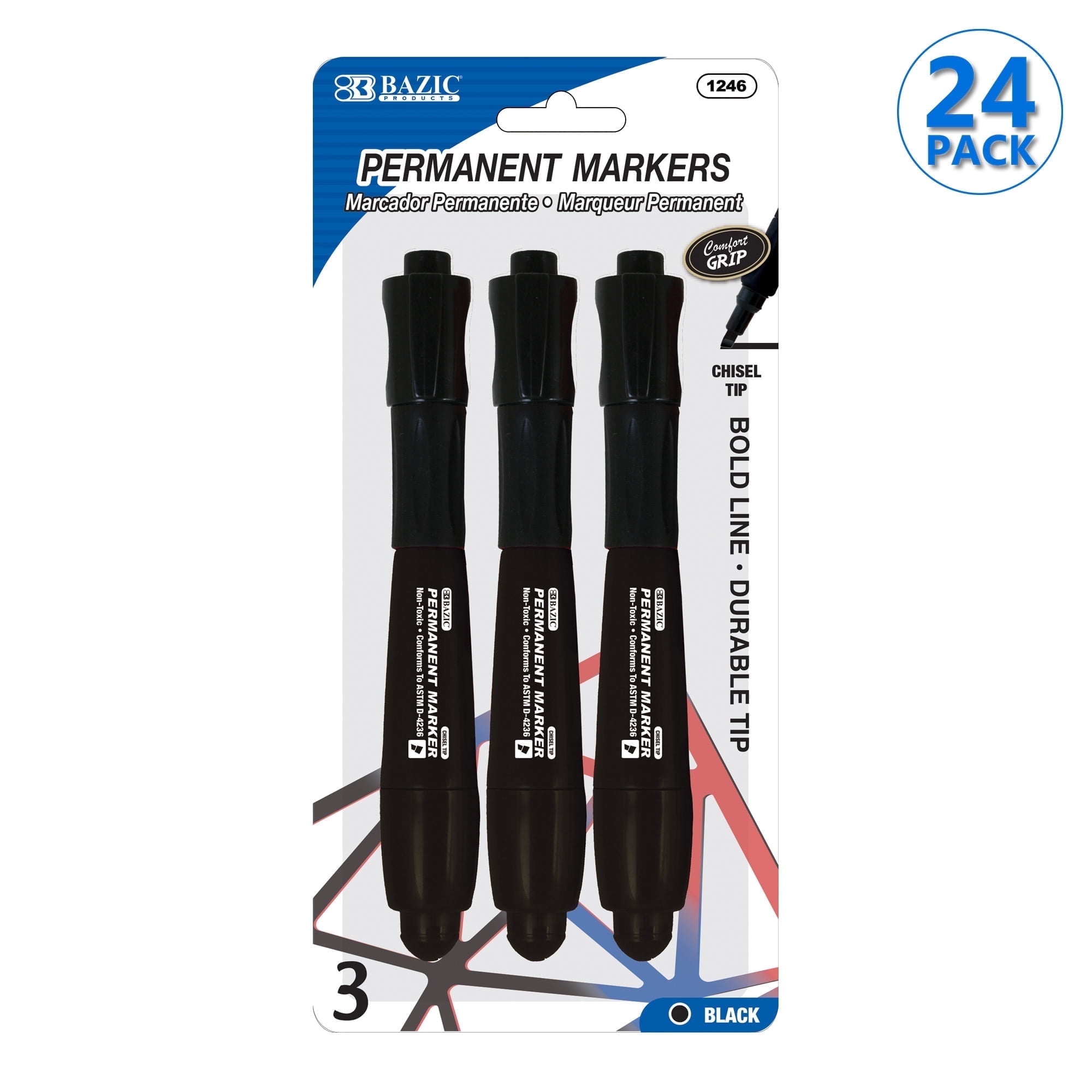 BAZIC Permanent Marker Chisel Tip, Jumbo Black Markers (3/Pack), 24 ...