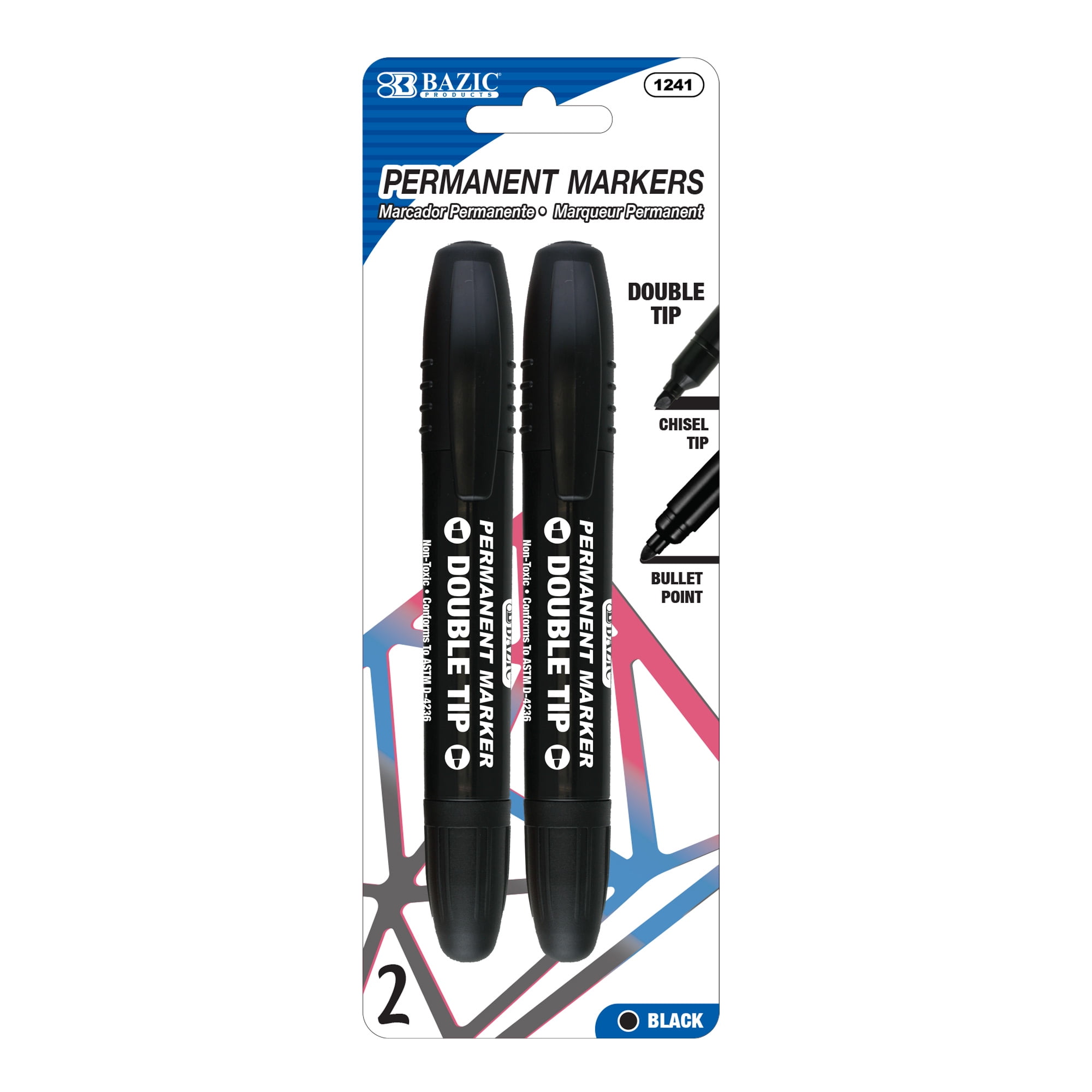 BAZIC Permanent Marker Dual Fine Tip Chisel Point Black Markers (2/Pack ...