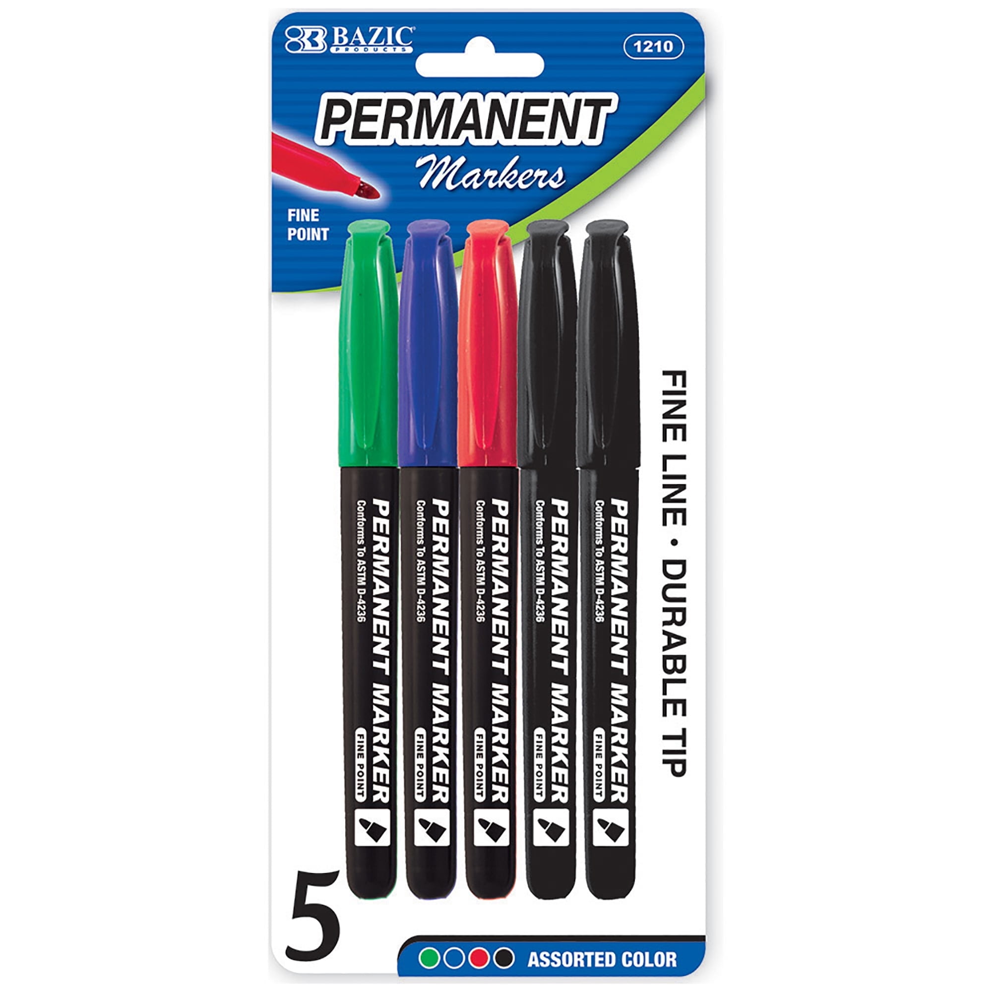 BAZIC Permanent Marker Fine Line Assorted Color Markers (5/Pack), 1 ...