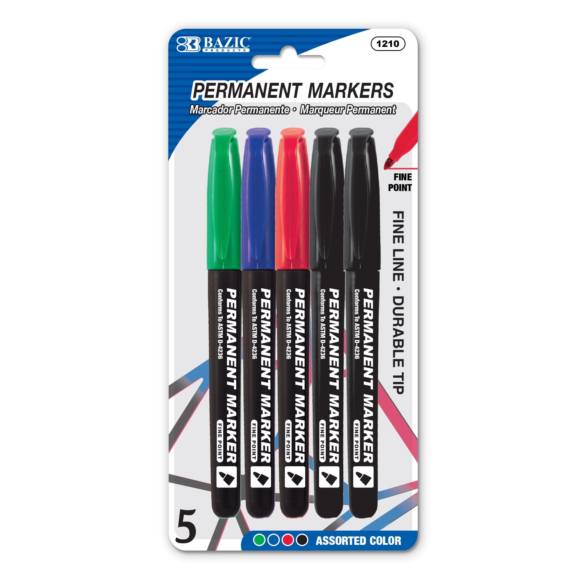 BAZIC Permanent Marker Fine Line Assorted Color Markers (5/Pack), 1 ...