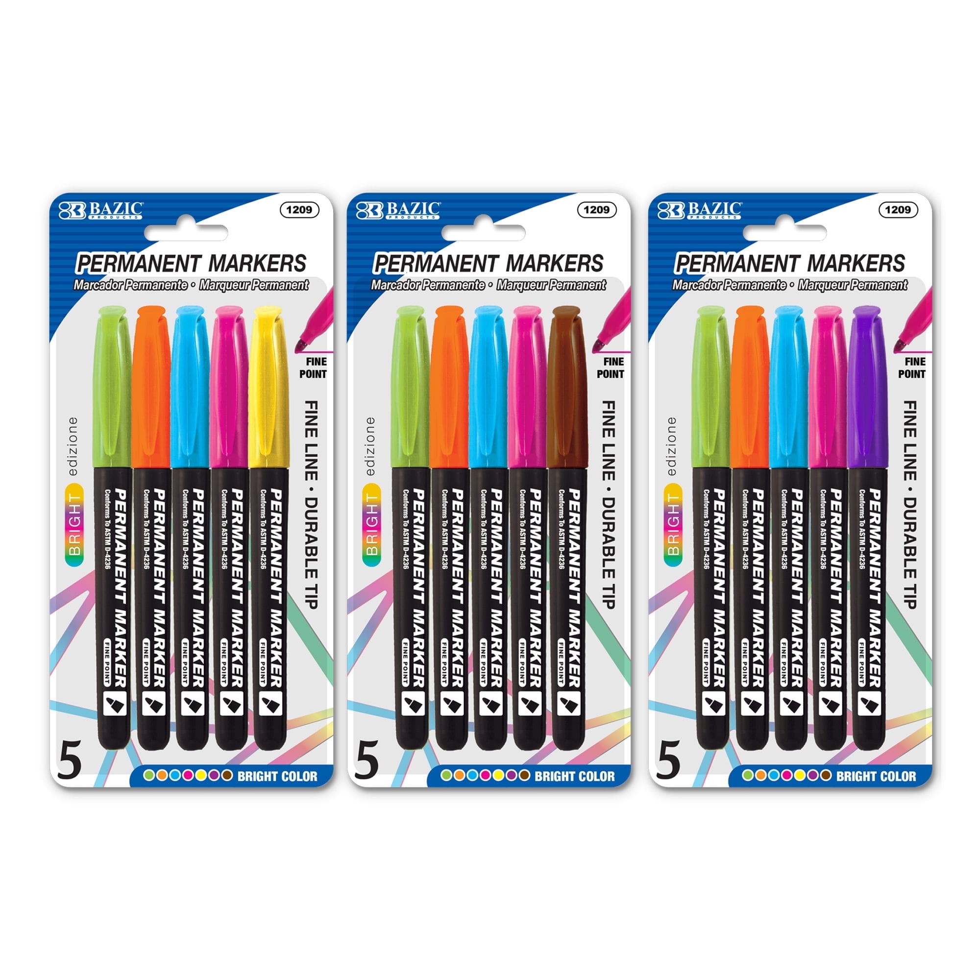 BAZIC Permanent Marker Fine Line Assorted Color Markers (5/Pack), 24 ...