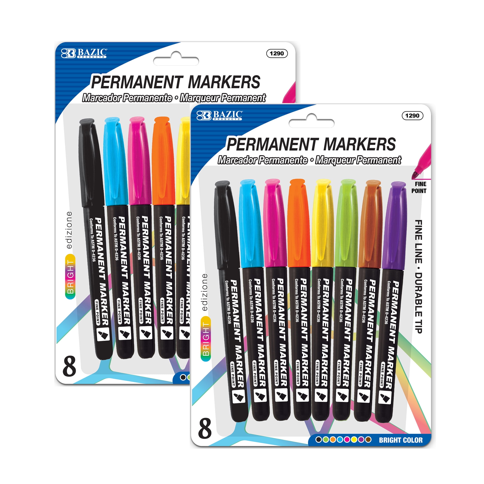 BAZIC Permanent Marker Fine Line Assorted Color Markers (8/Pack), 2 ...