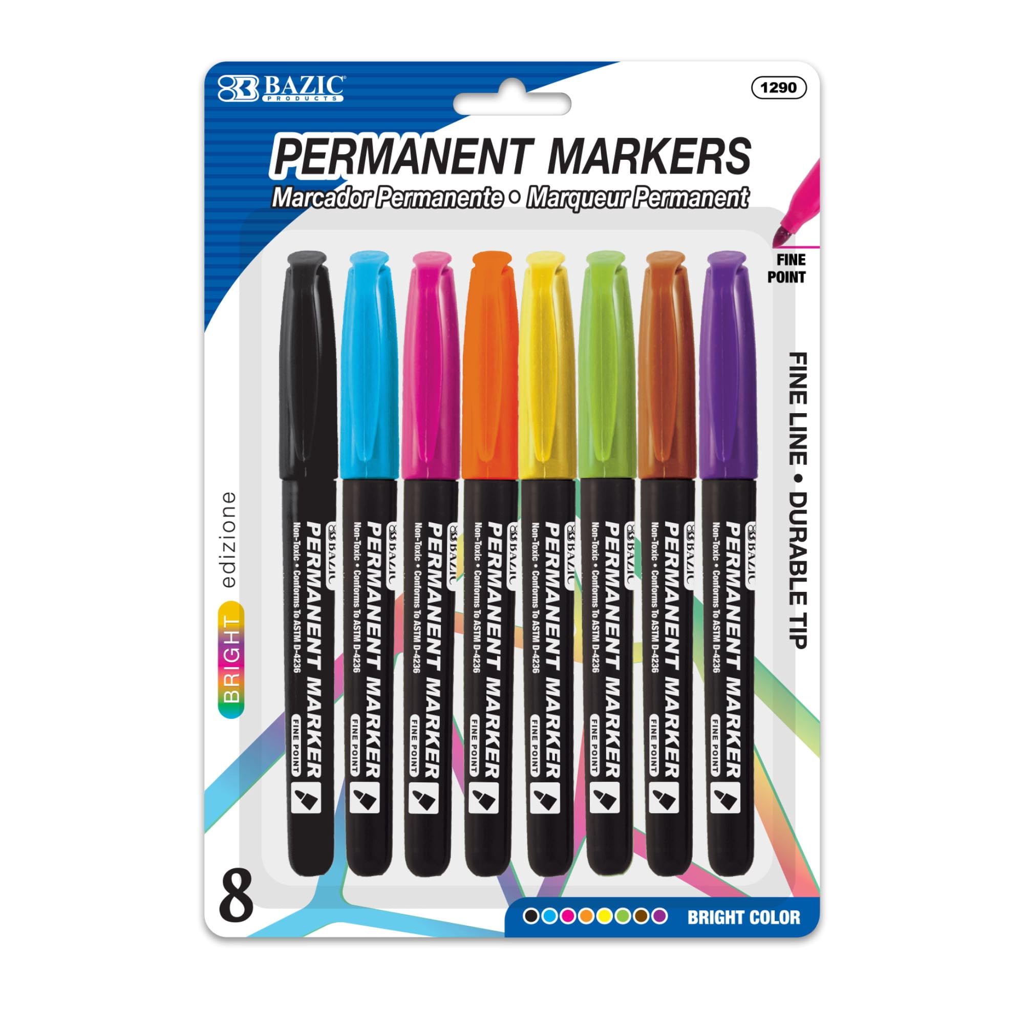 BAZIC Permanent Marker Fine Line Assorted Color Markers (8/Pack), 24 ...