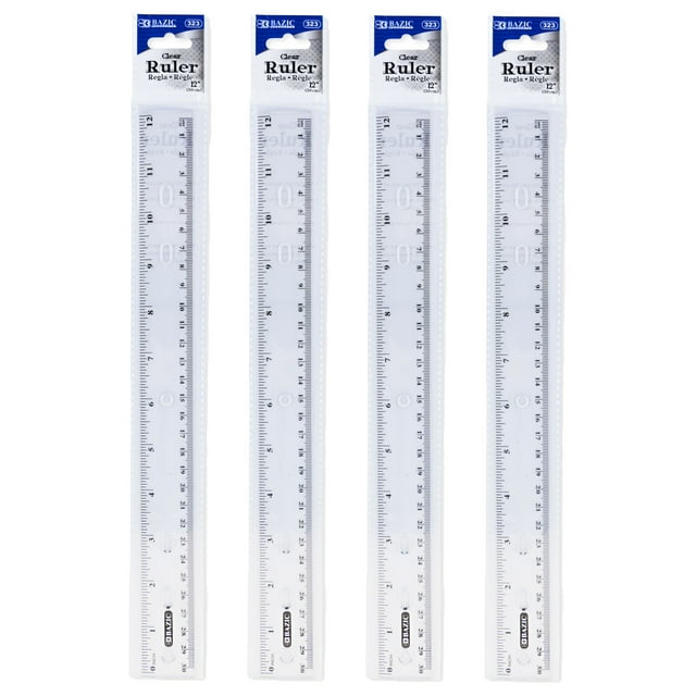 BAZIC Plastic Clear Rulers 12 inch (30cm), Inches Centimeter Metric Long Straight Edge Ruler, 4 ...