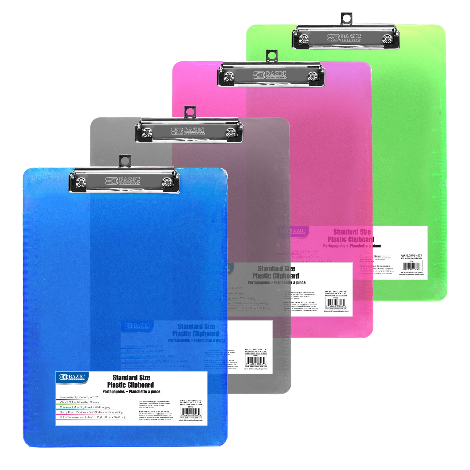 BAZIC Plastic Clipboard 12.7" x 9" Low Profile Clip, 4 Colors, 4-Pack ...