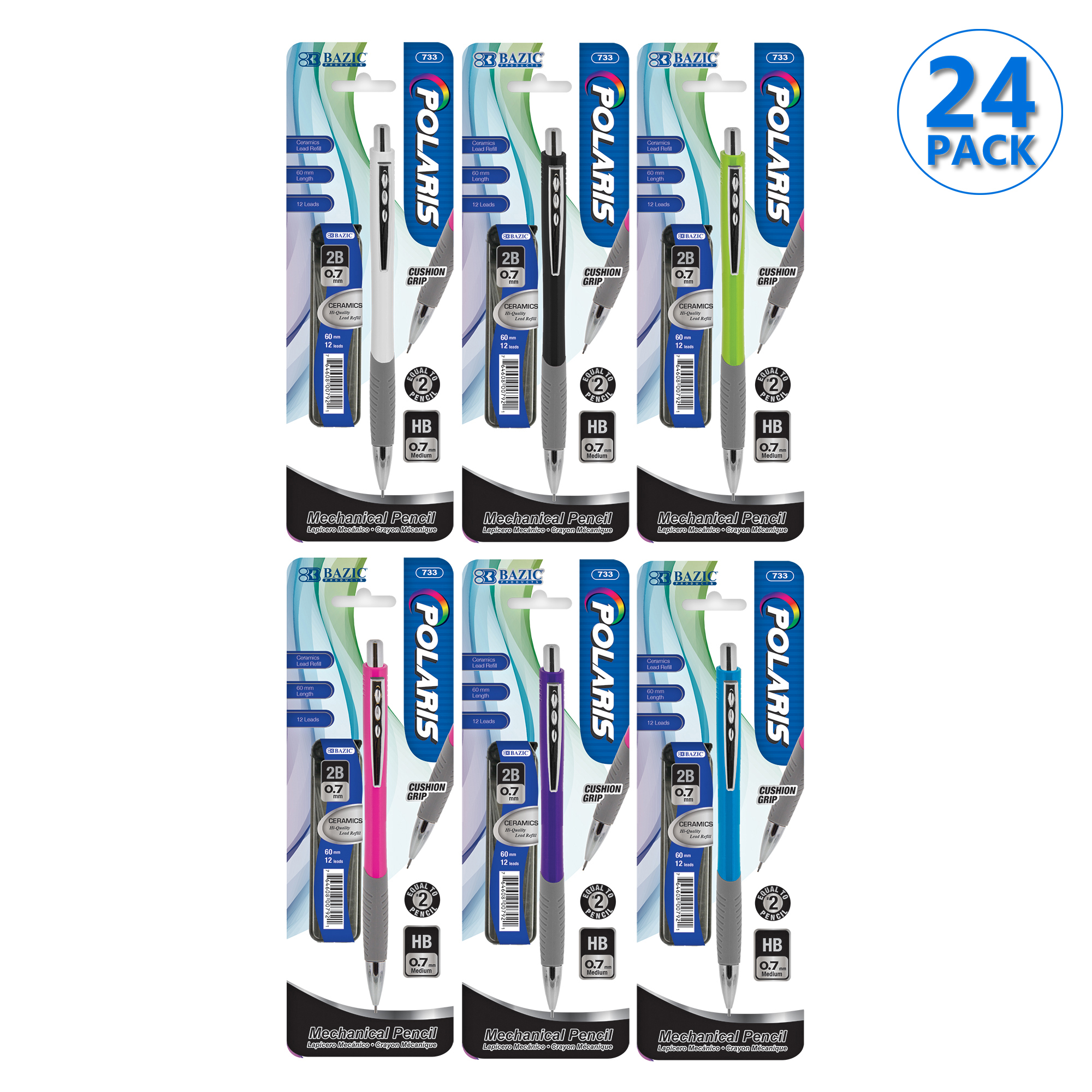 BAZIC Polaris Mechanical Pencil 0.7mm w/ Refill 2B Ceramic Lead, 24 ...
